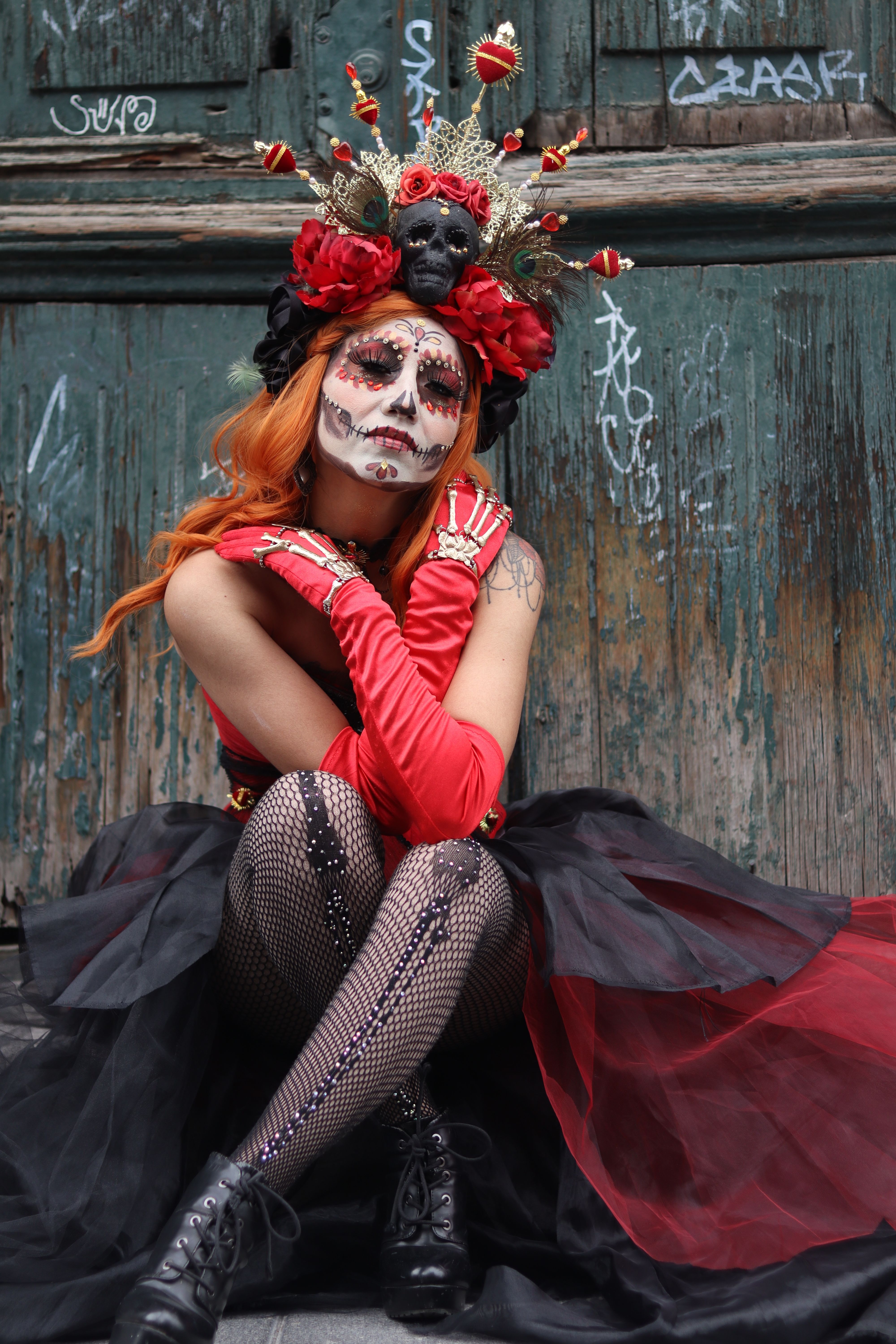 Calavera Catrina with a Flower Headdress and Standing on the Stairs ...