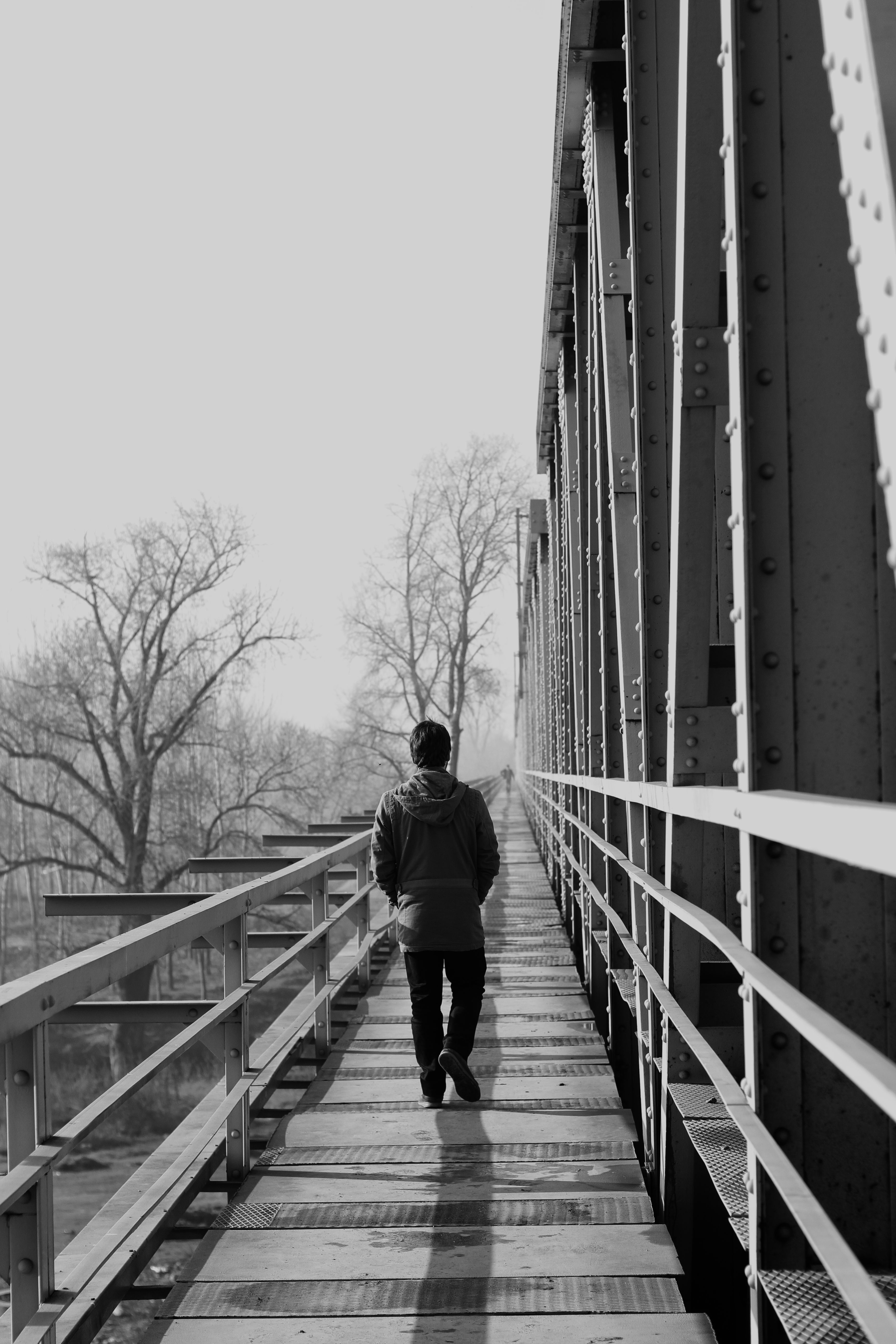 Back View of Man Walking on Sidewalk on Bridge · Free Stock Photo
