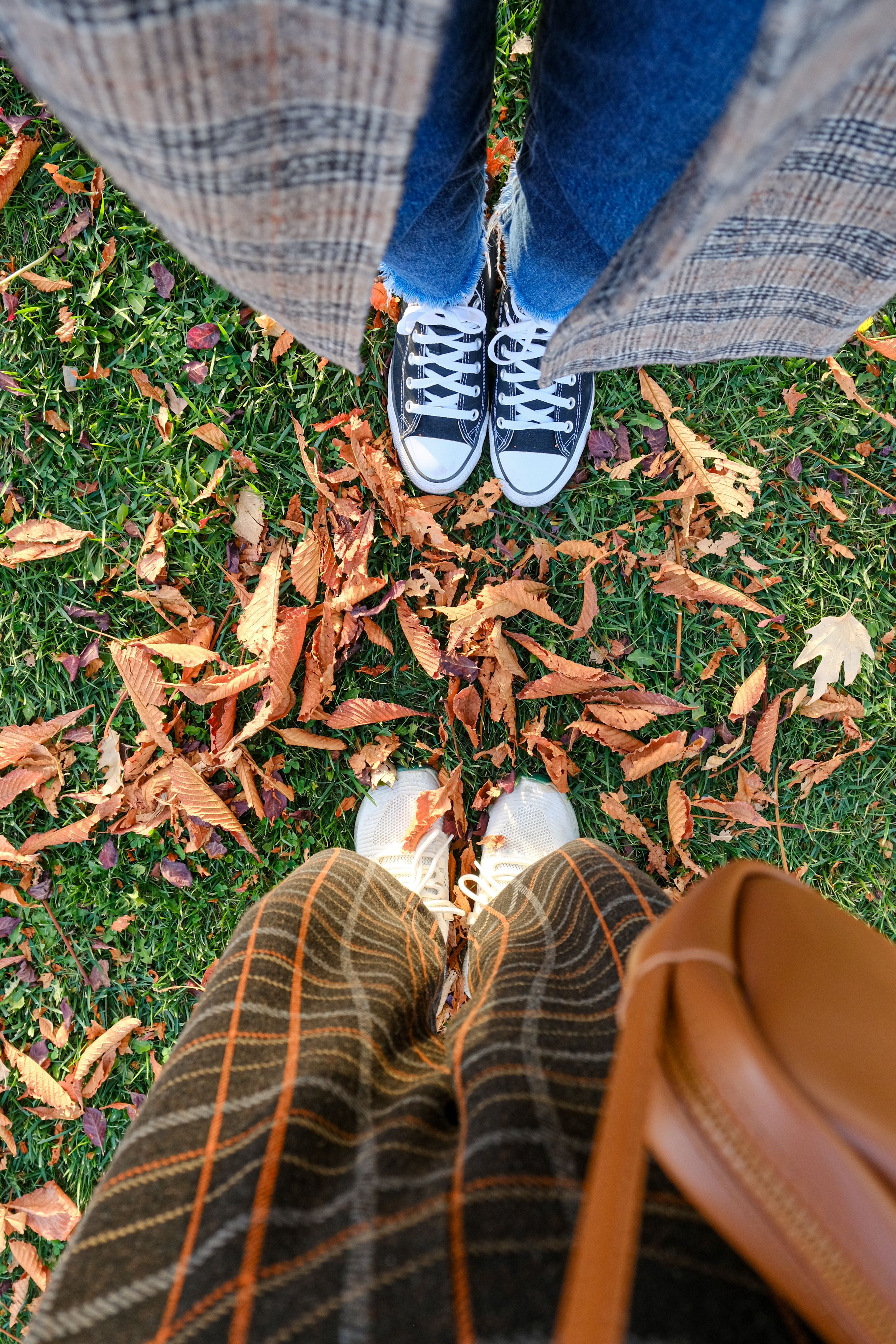 Two People Looking at Their Feet Standing on Grass · Free Stock Photo