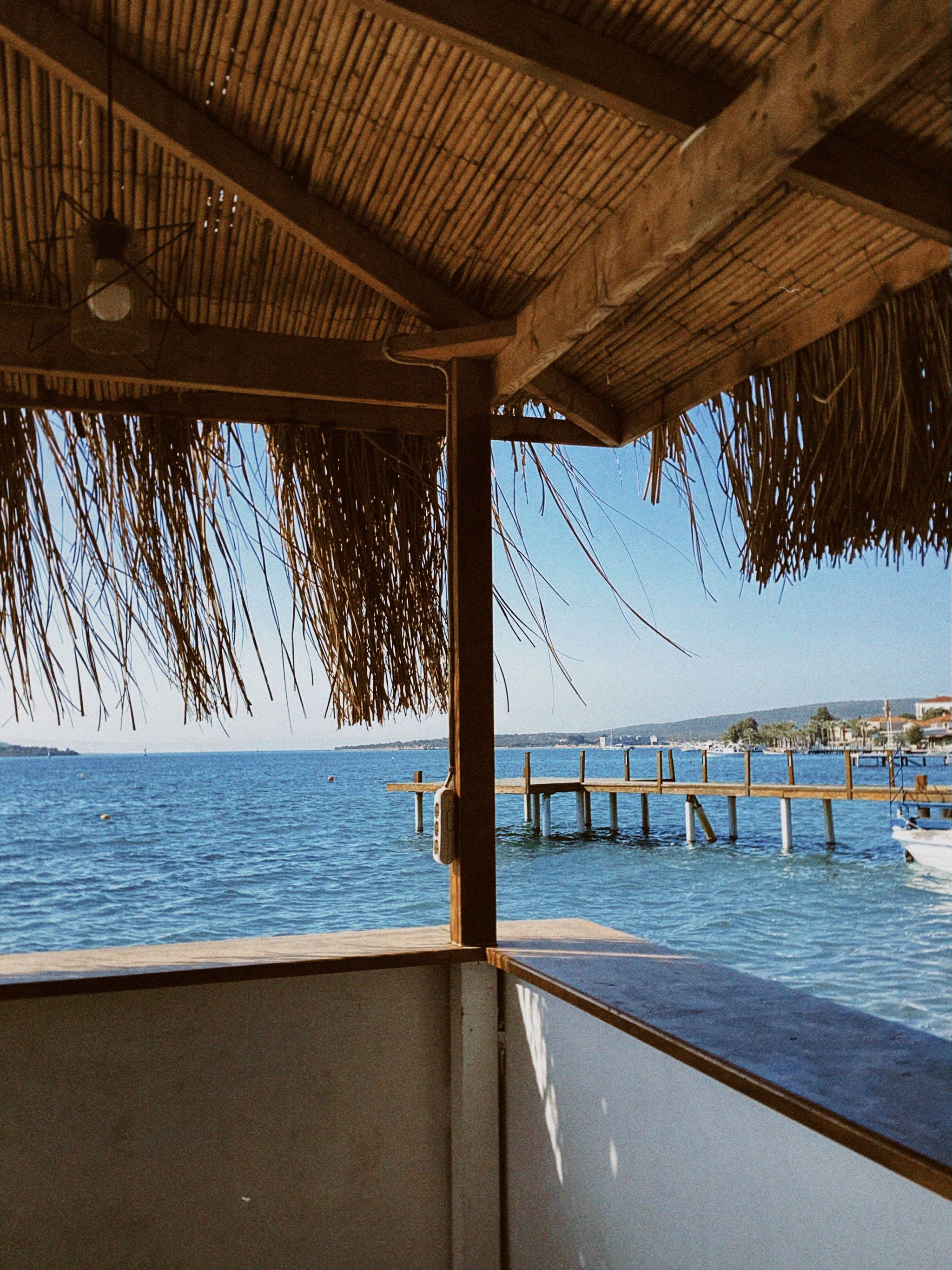 Thatched Terrace with a View of Sea and Jetty · Free Stock Photo