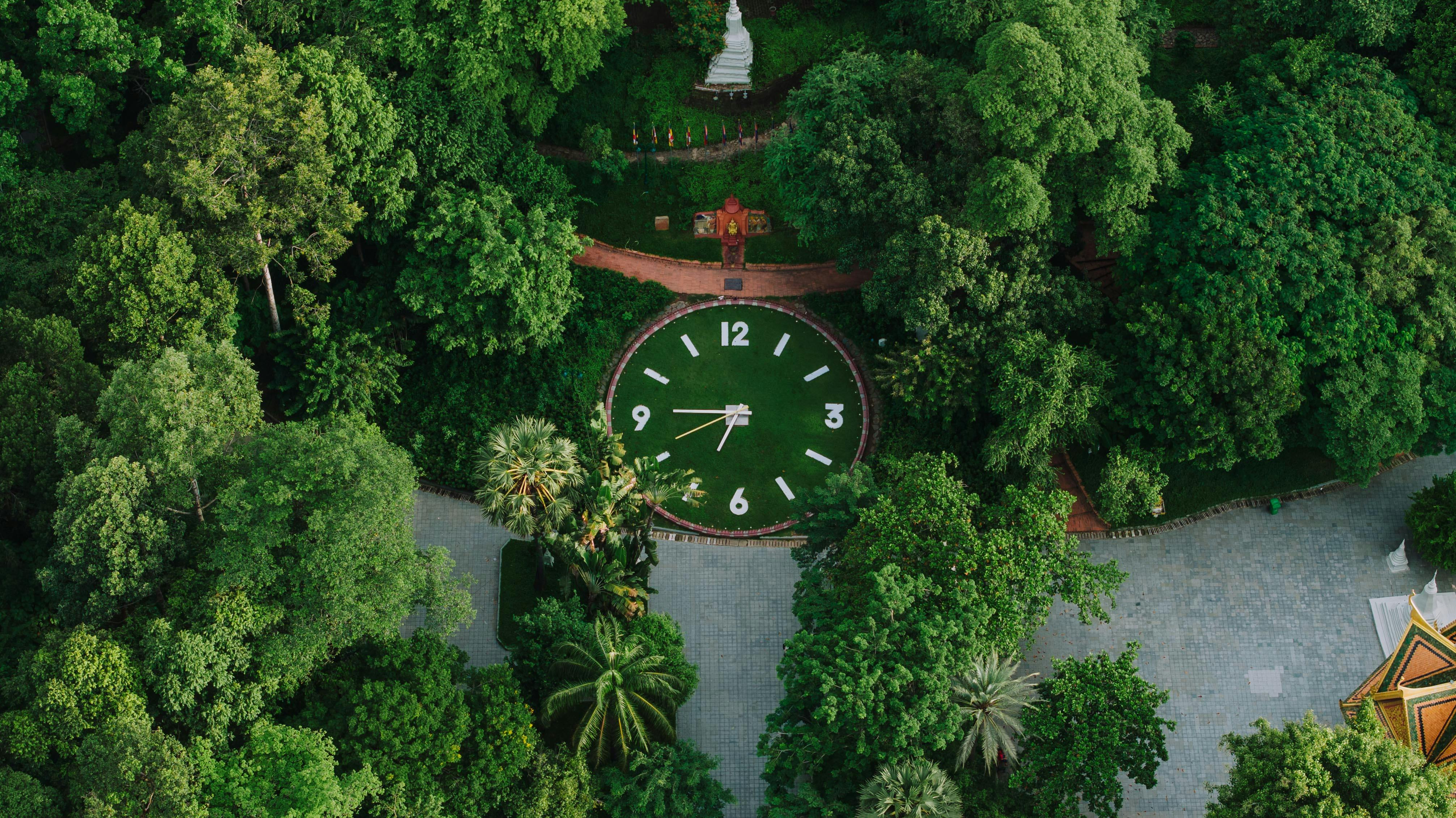 Aerial View of a Large Clock in front of the Temple of Wat Phnom, Phnom ...
