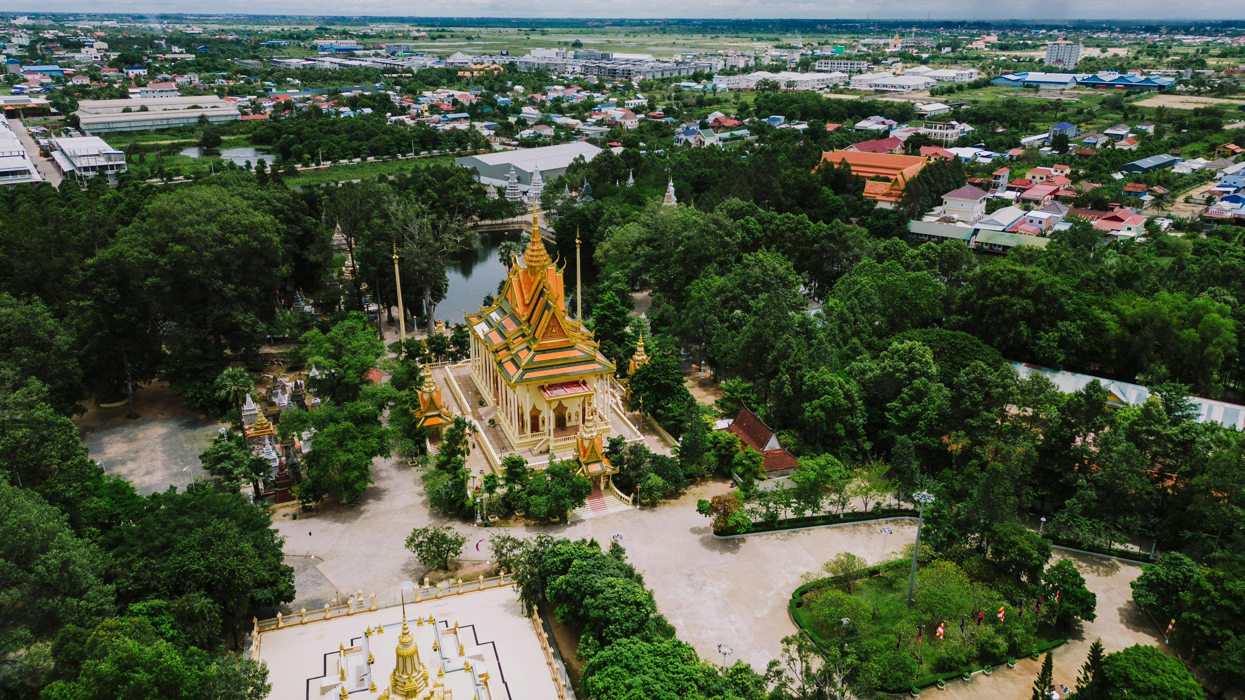 Aerial View of a Large Clock in front of the Temple of Wat Phnom, Phnom ...