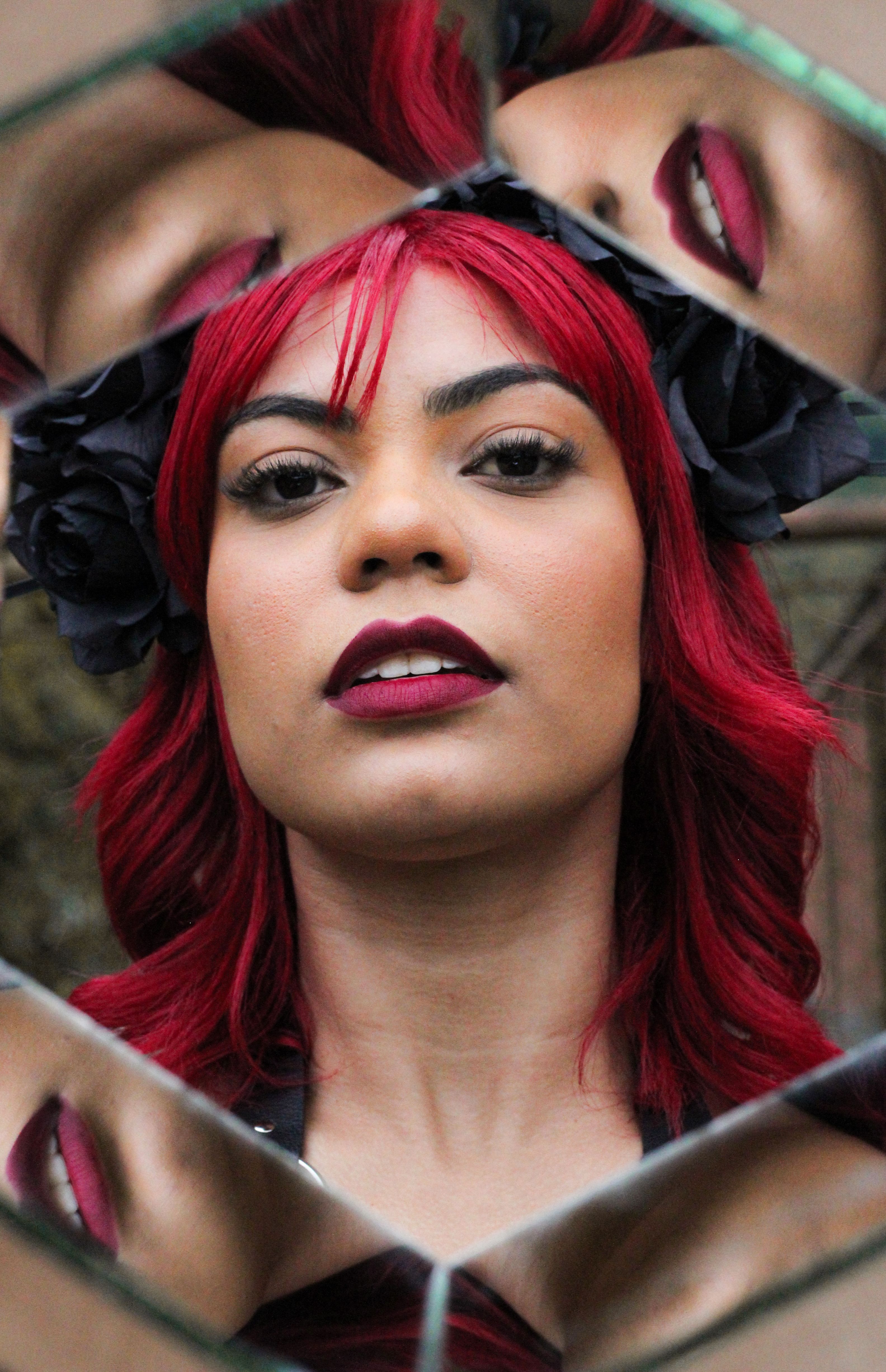 Dyed Red Hair Woman with Red Lips Mirroring in many Mirrors · Free ...