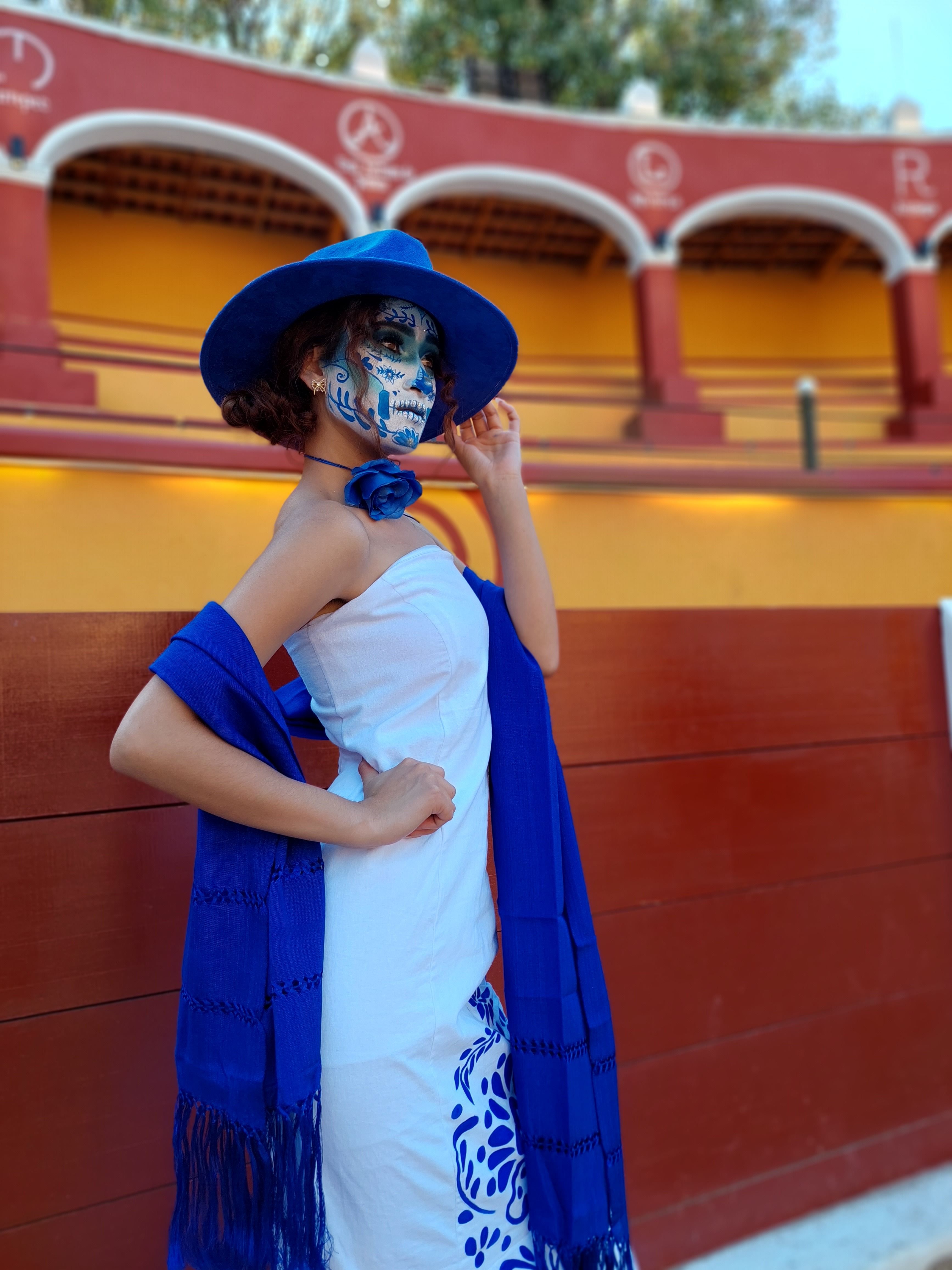 Model in Hat, White Dress and with Face Painted as Catrina · Free Stock ...