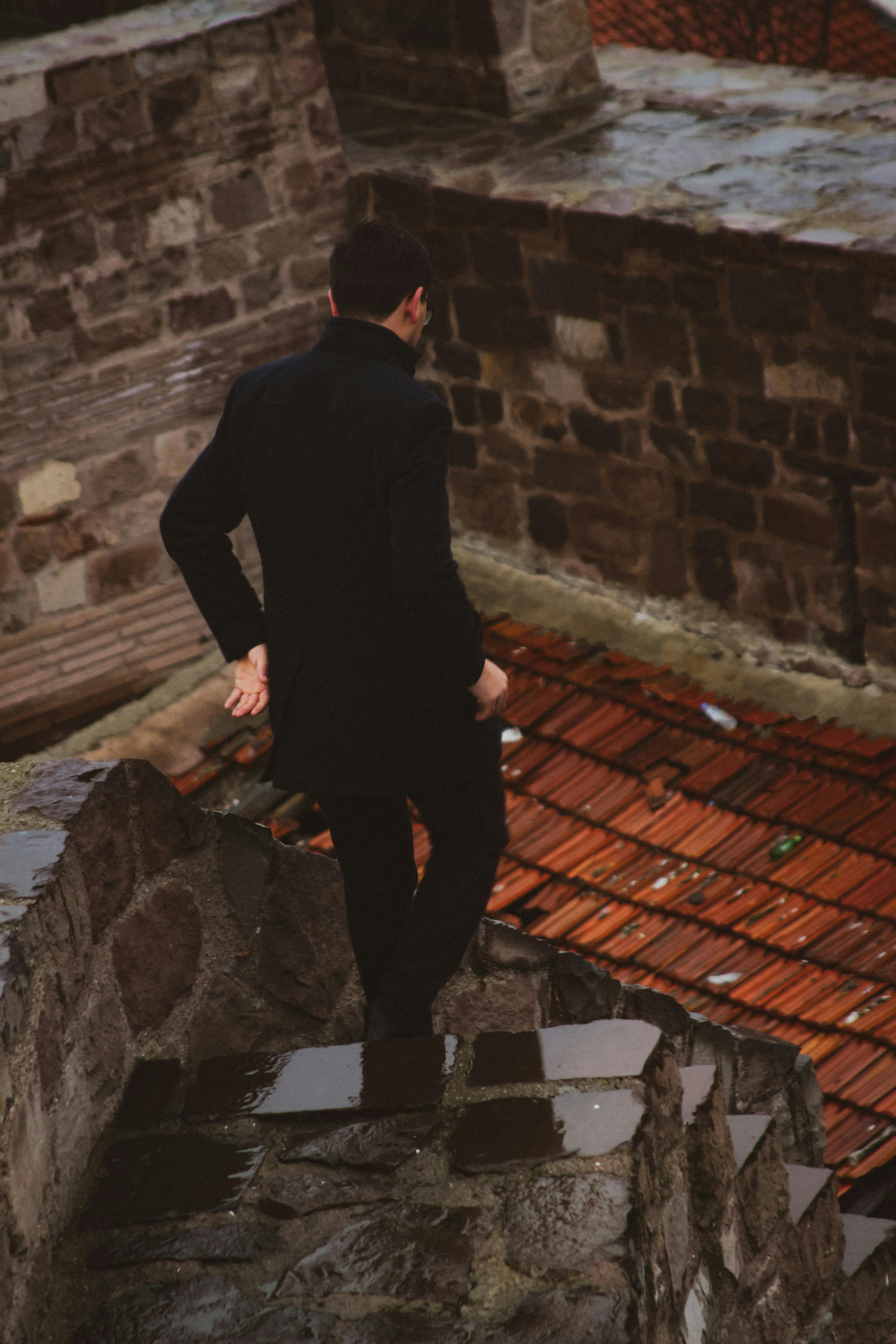 Back View of a Man Walking Down the Stone Steps · Free Stock Photo