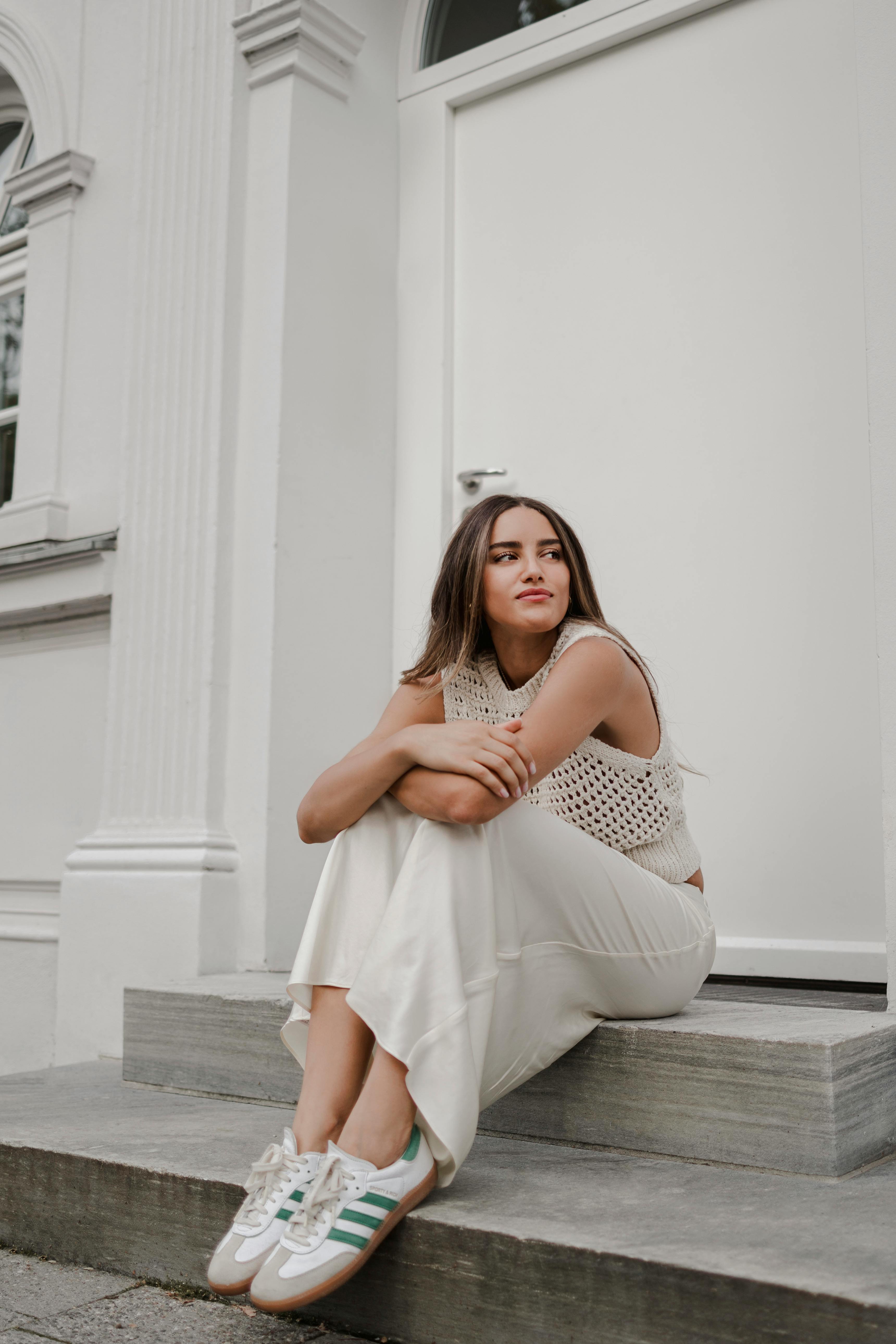Woman in Lace White Top Sitting on Step by Door · Free Stock Photo