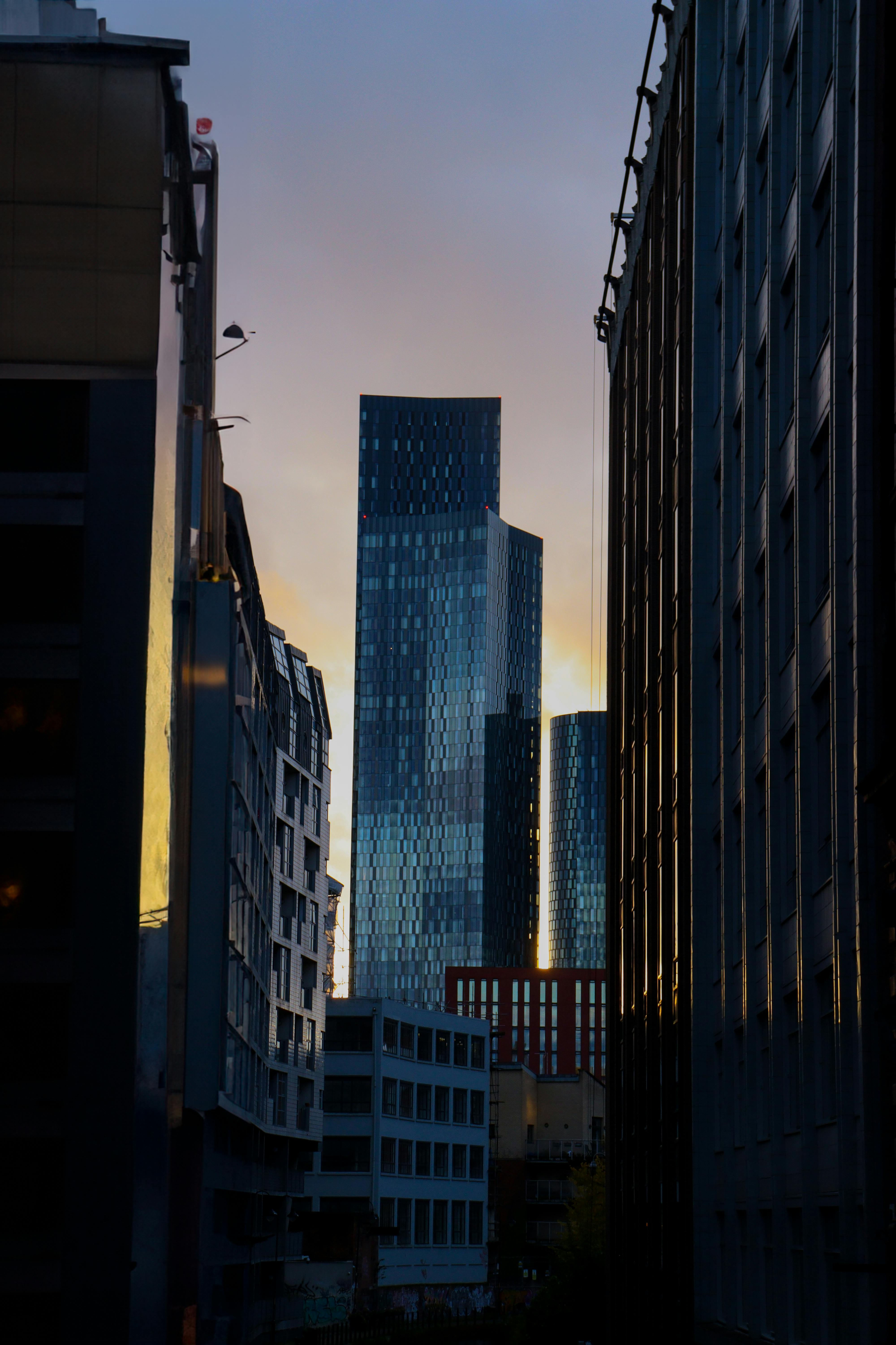 Skyscraper among Buildings at Sunset · Free Stock Photo