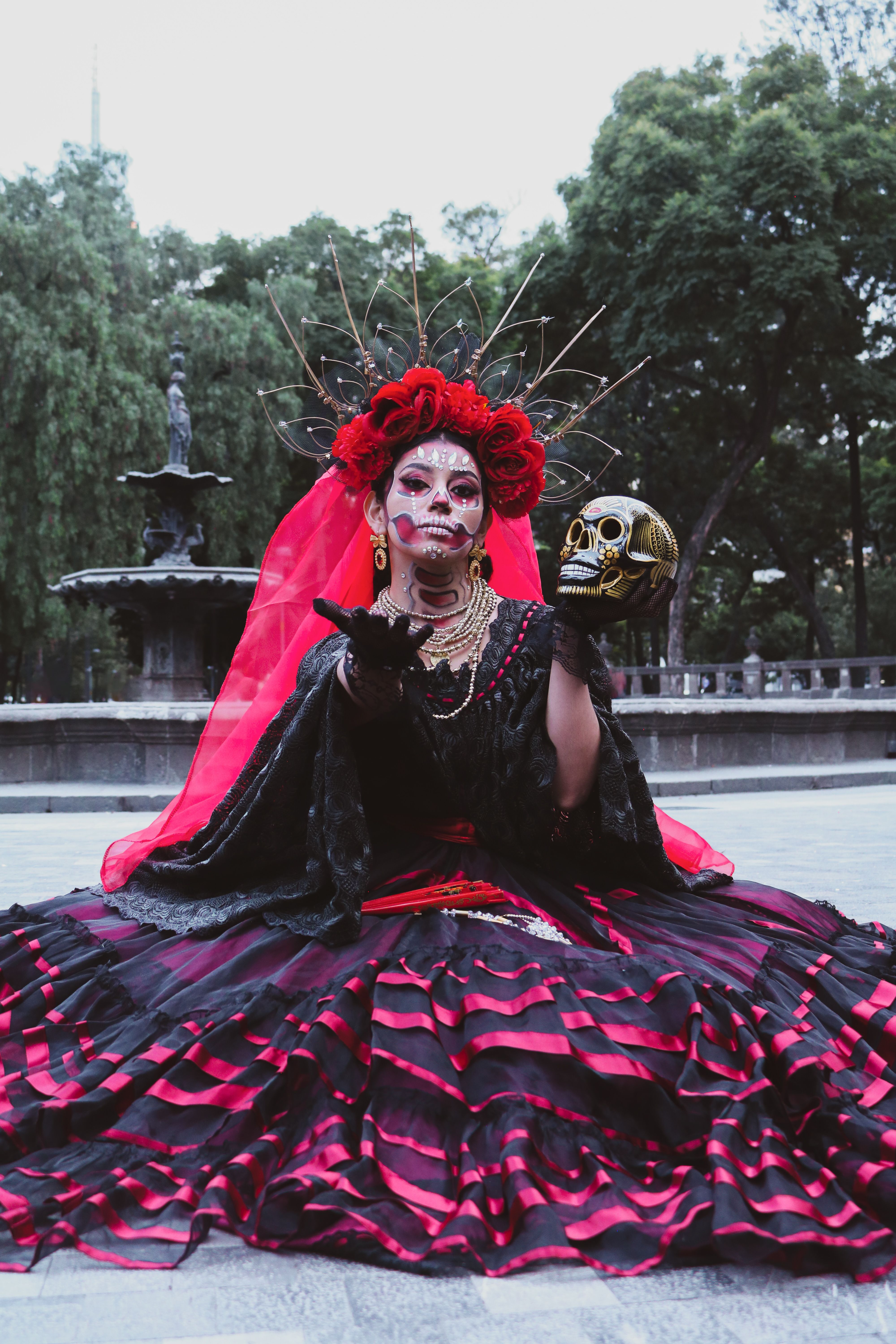 Calavera Catrina in a Golden Dress with Sequins and a Skull in Her Hair ...