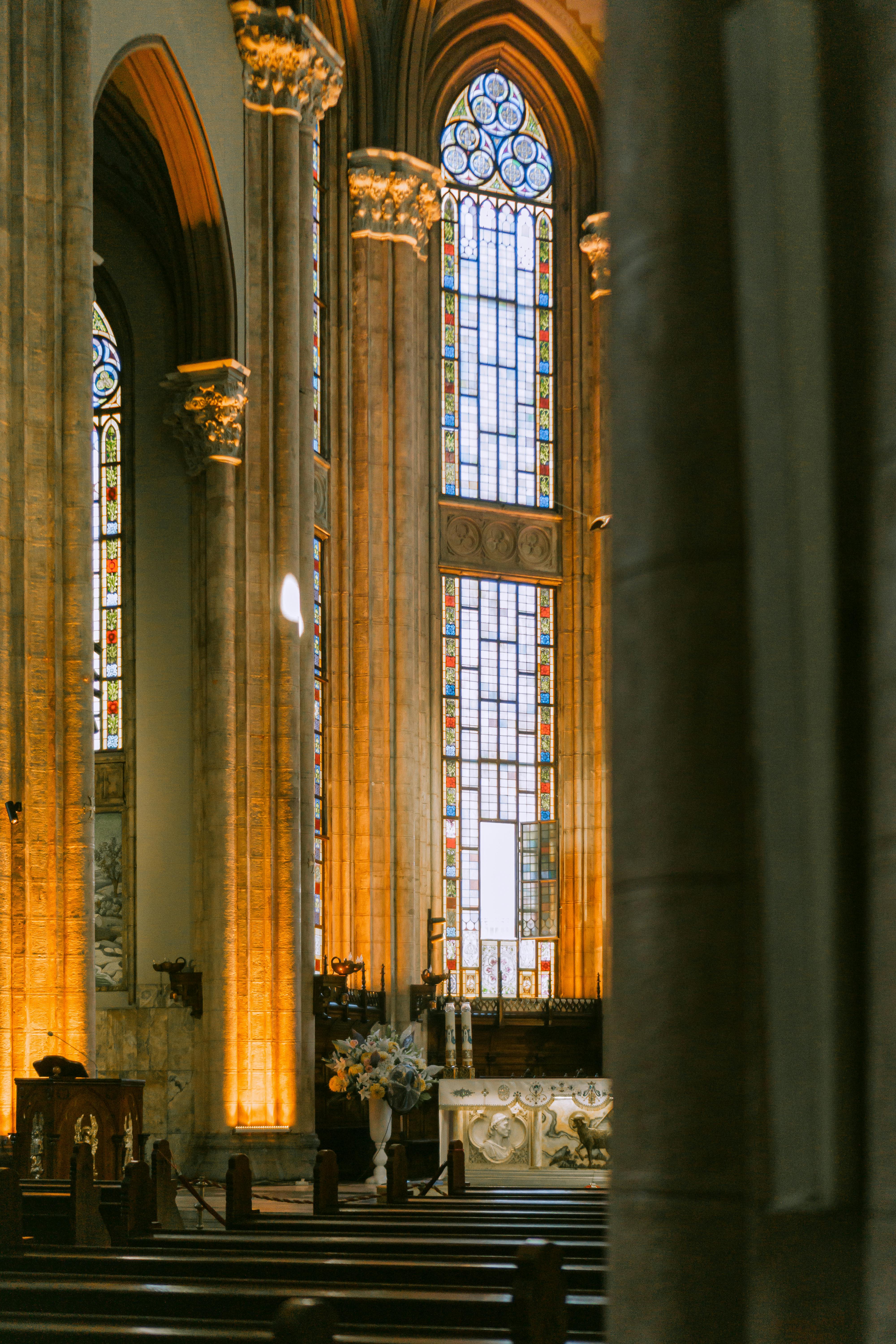 Large Stained Glass Windows and Arches in a Church Interior · Free ...