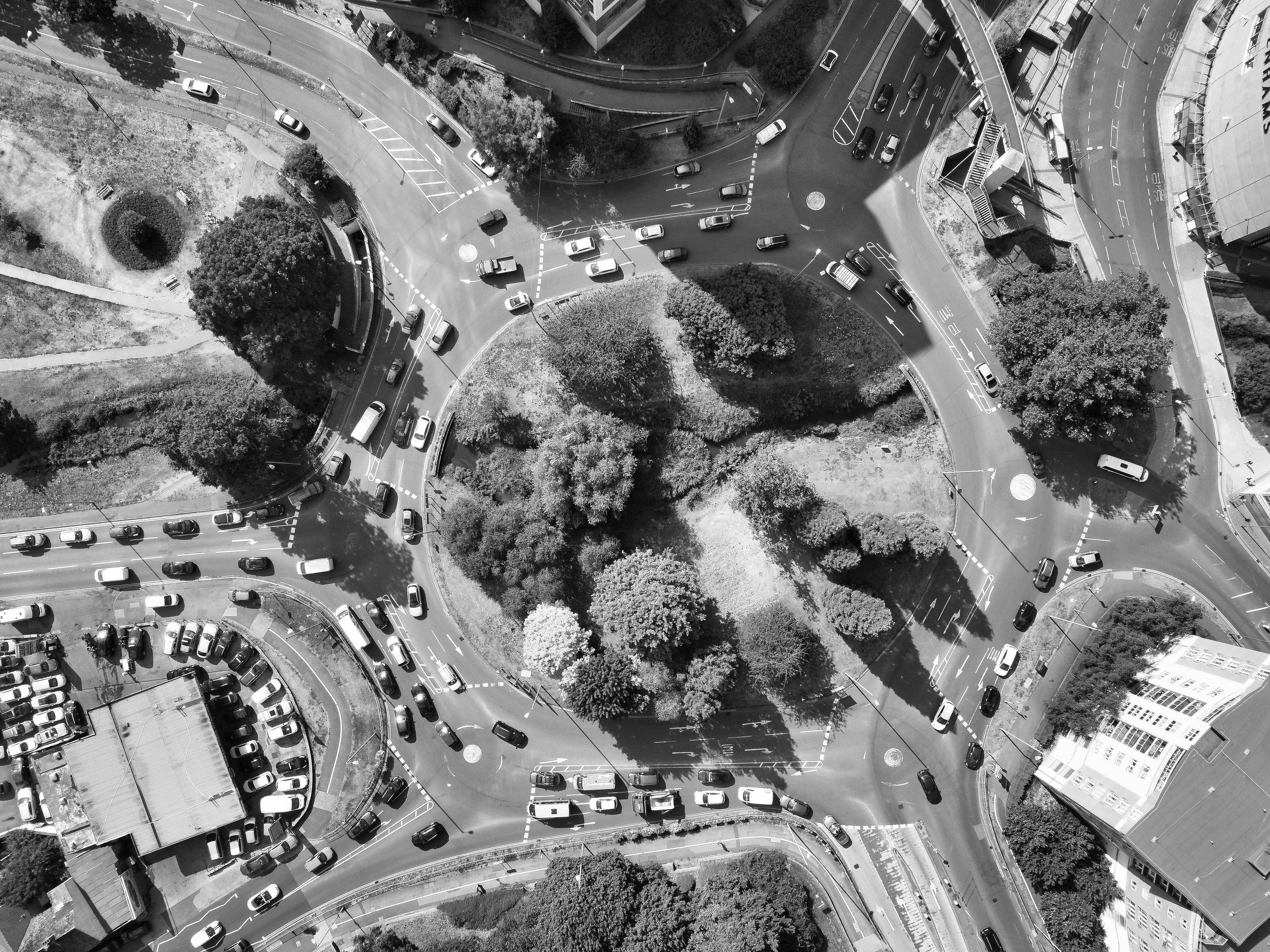 Birds Eye View of Roundabout in Black and White · Free Stock Photo