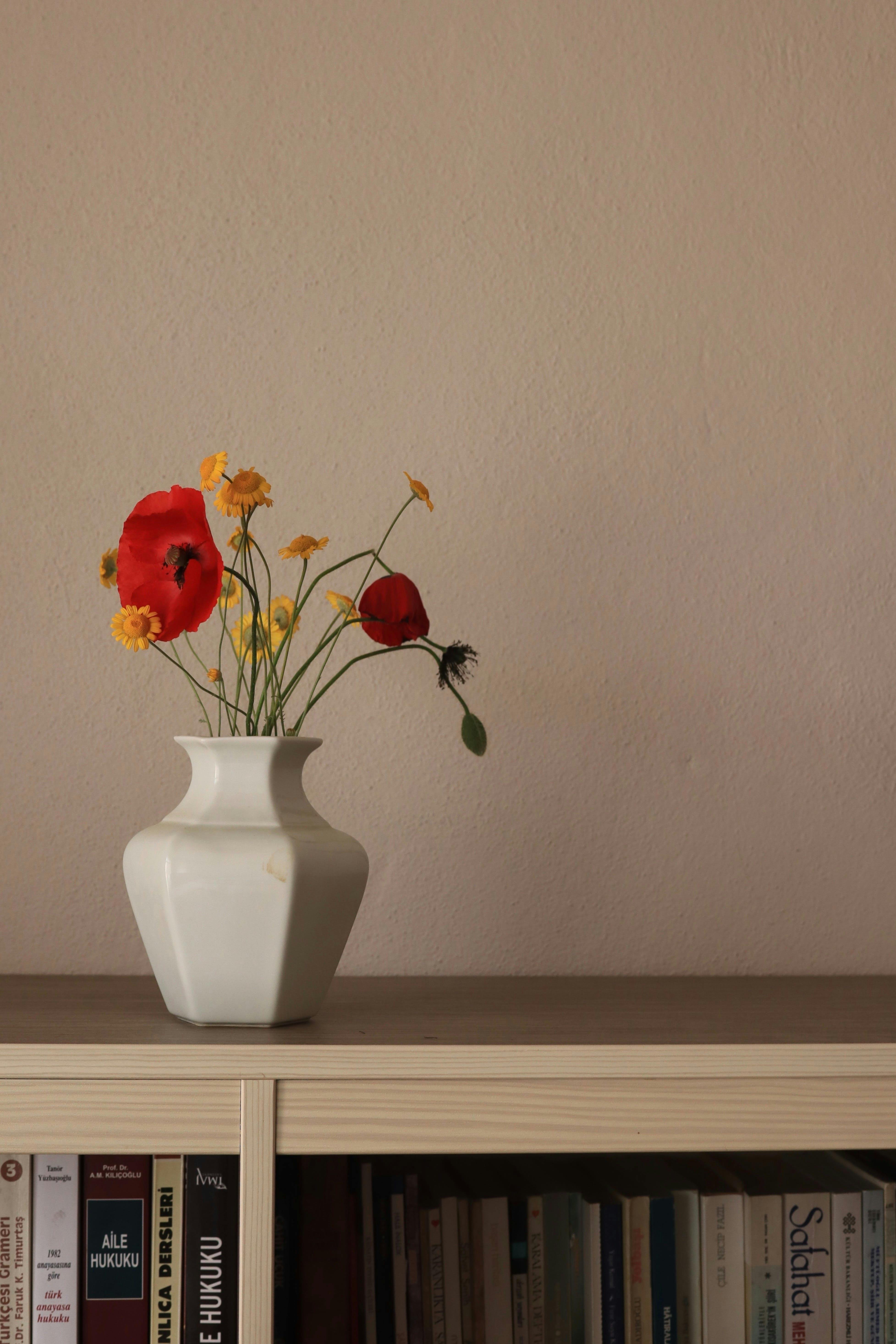Vase with Flowers on Bookcase · Free Stock Photo