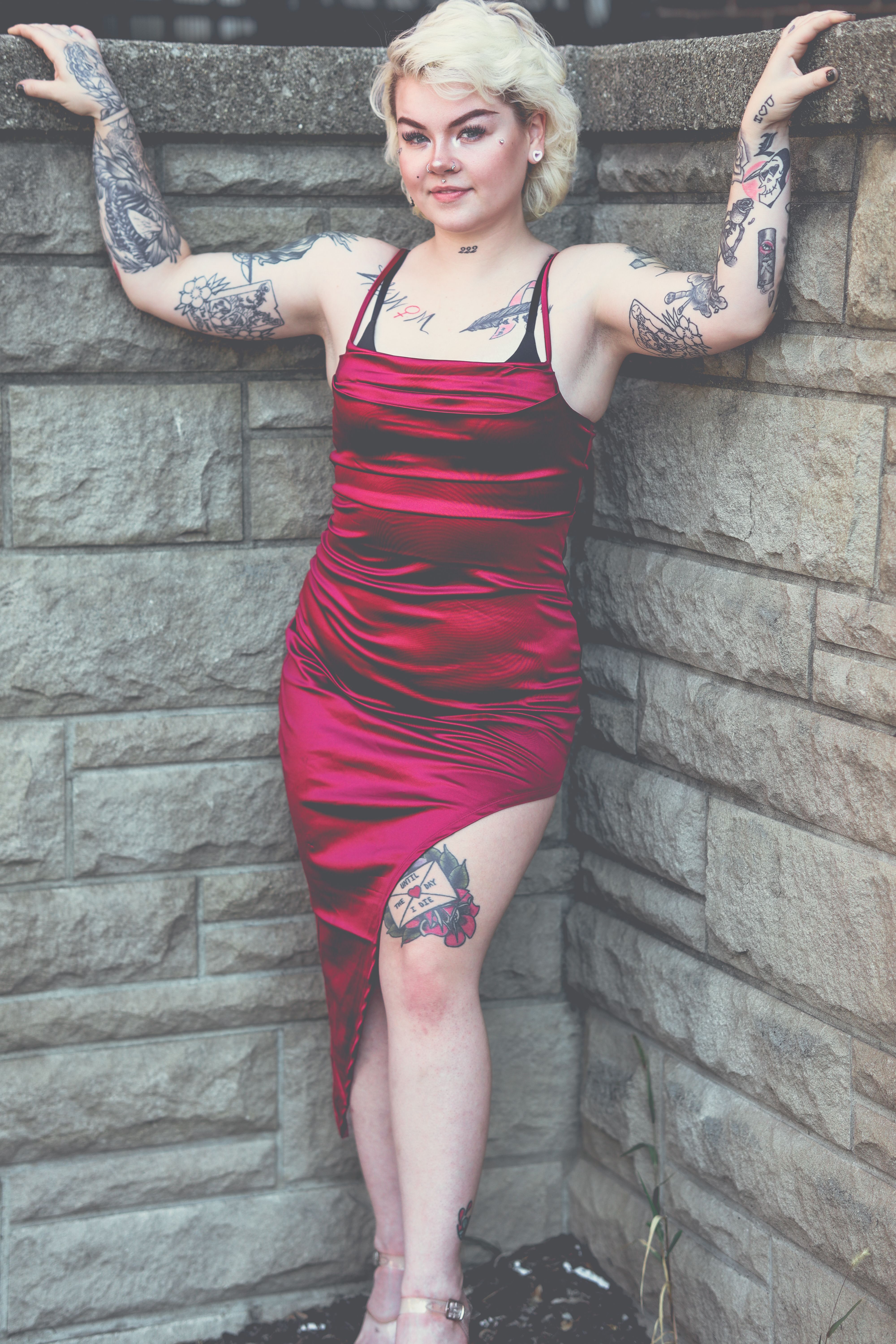 Blonde Woman with Tattoos in Red Dress · Free Stock Photo