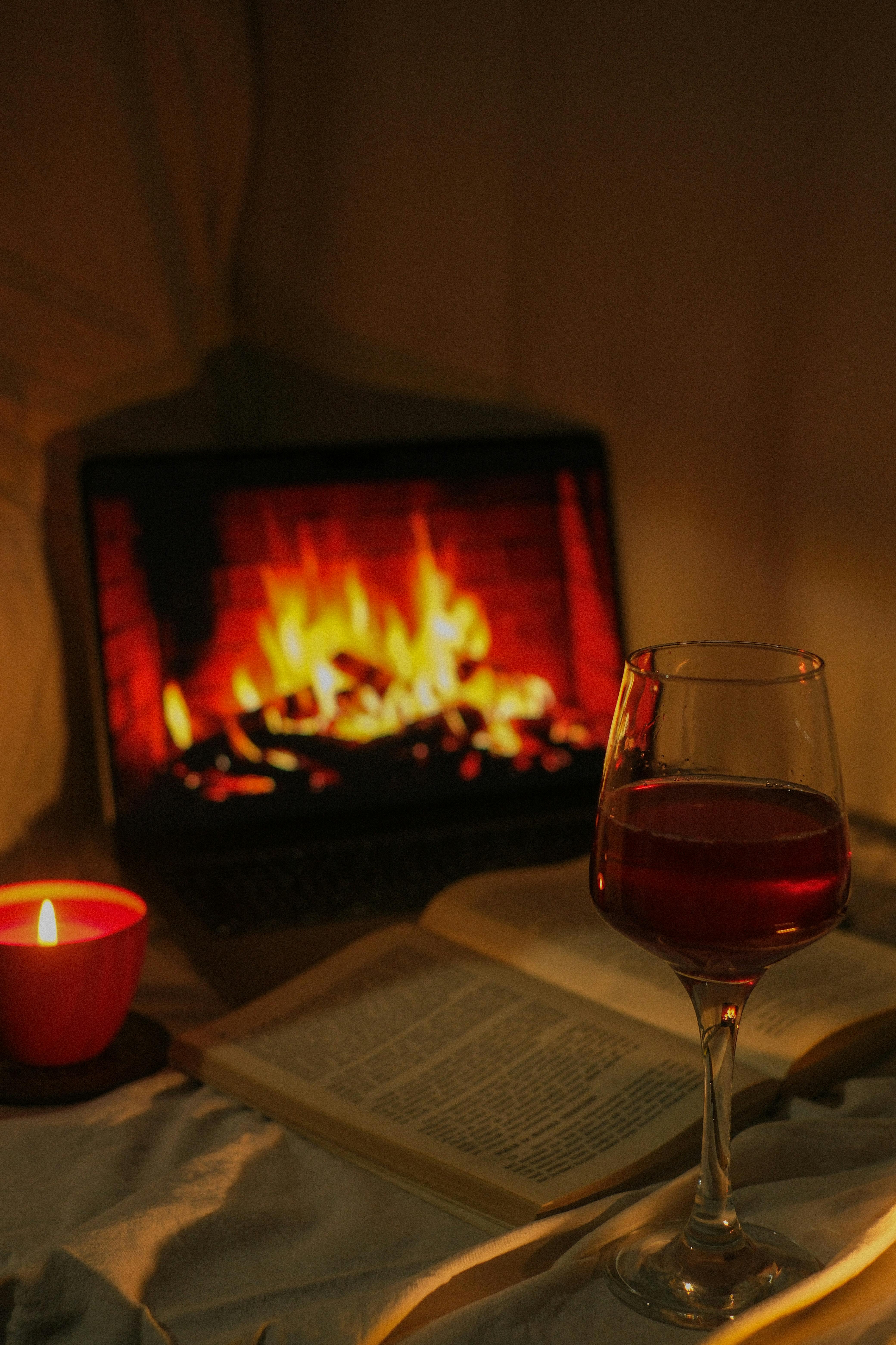 Glass of Red Wine and Bonfire in a Living Room · Free Stock Photo