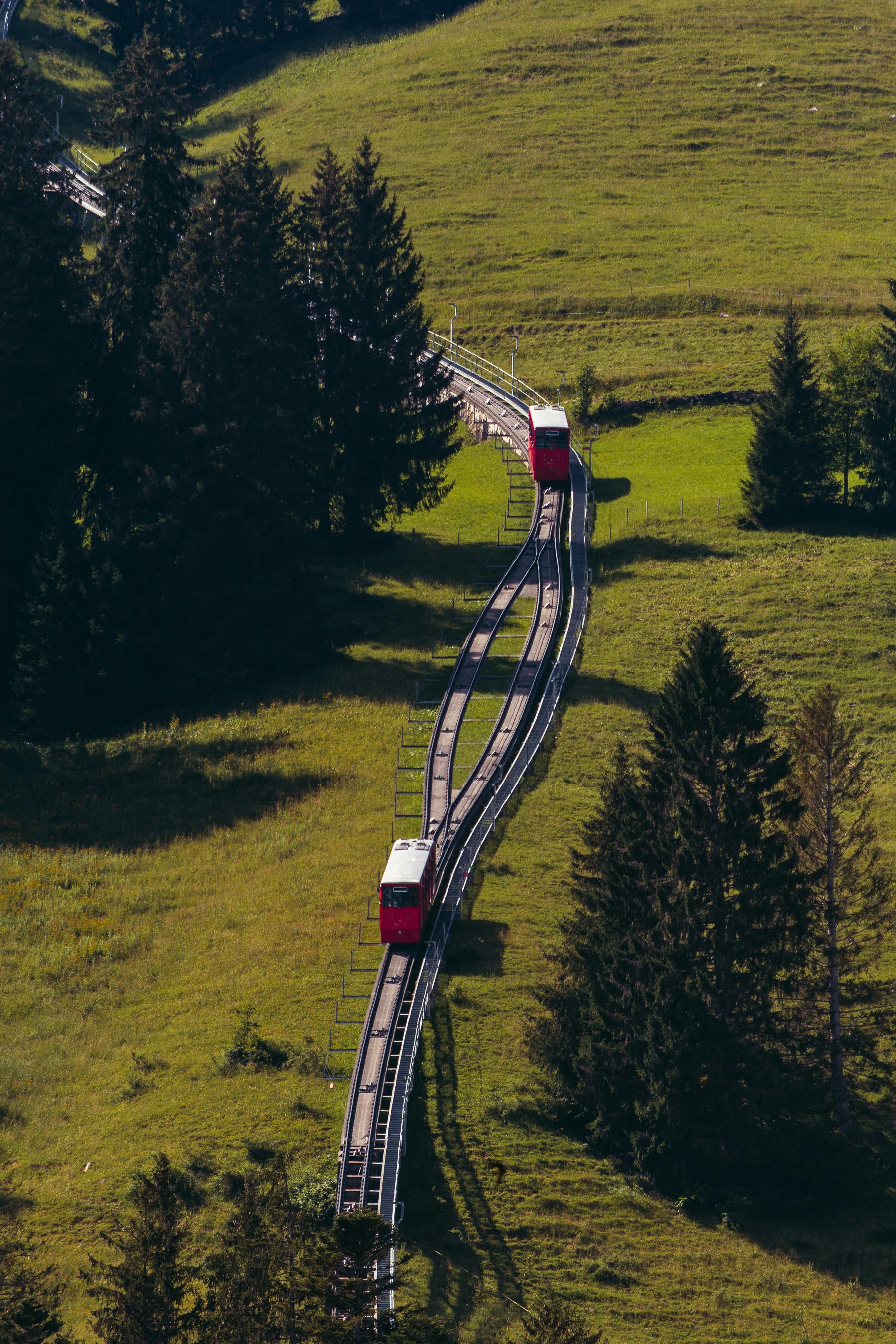 Aerial View of Swiss Funicular Mountain Railway Tracks and Trains ...