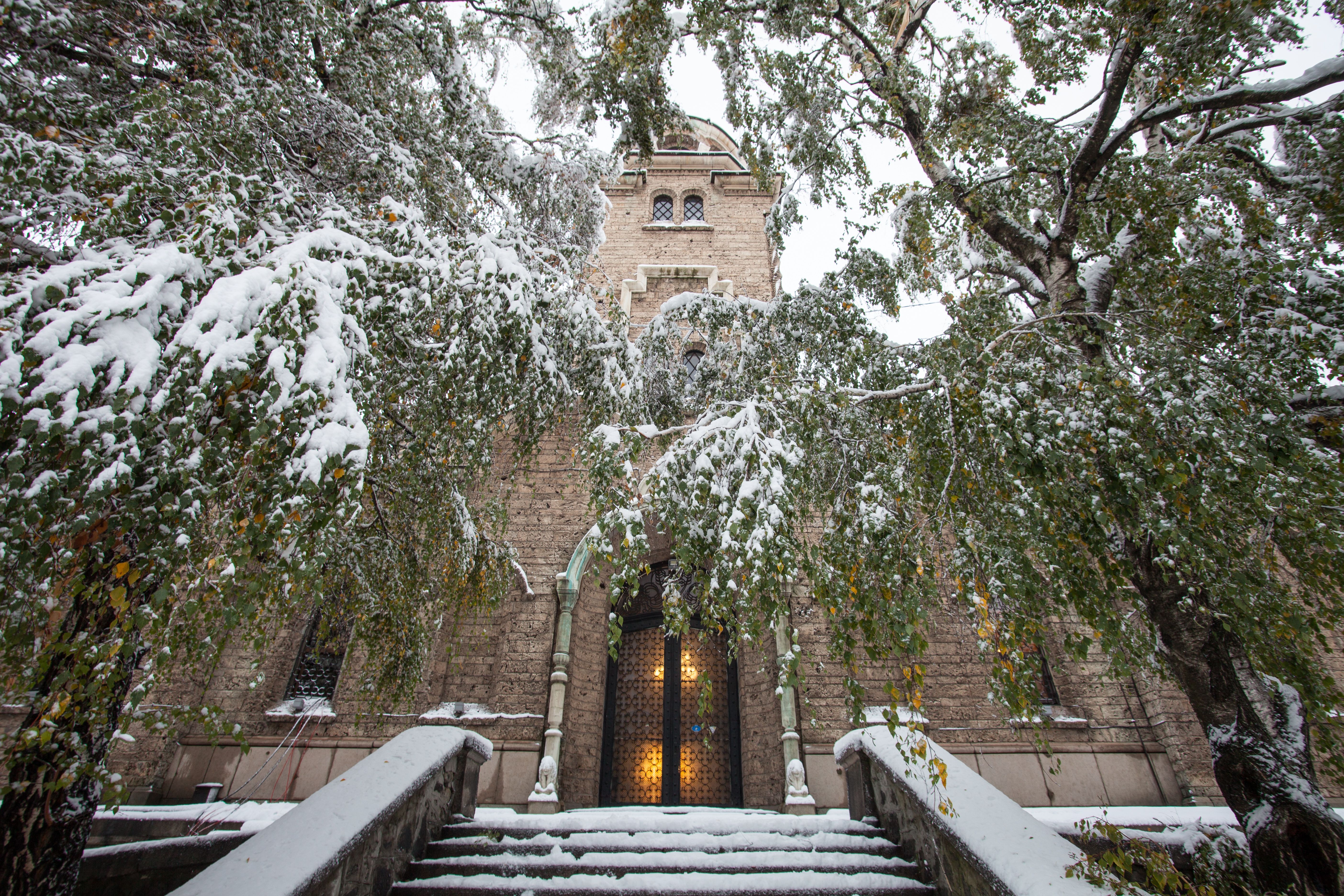 Facade of a Church and Snowy Tree Branches · Free Stock Photo