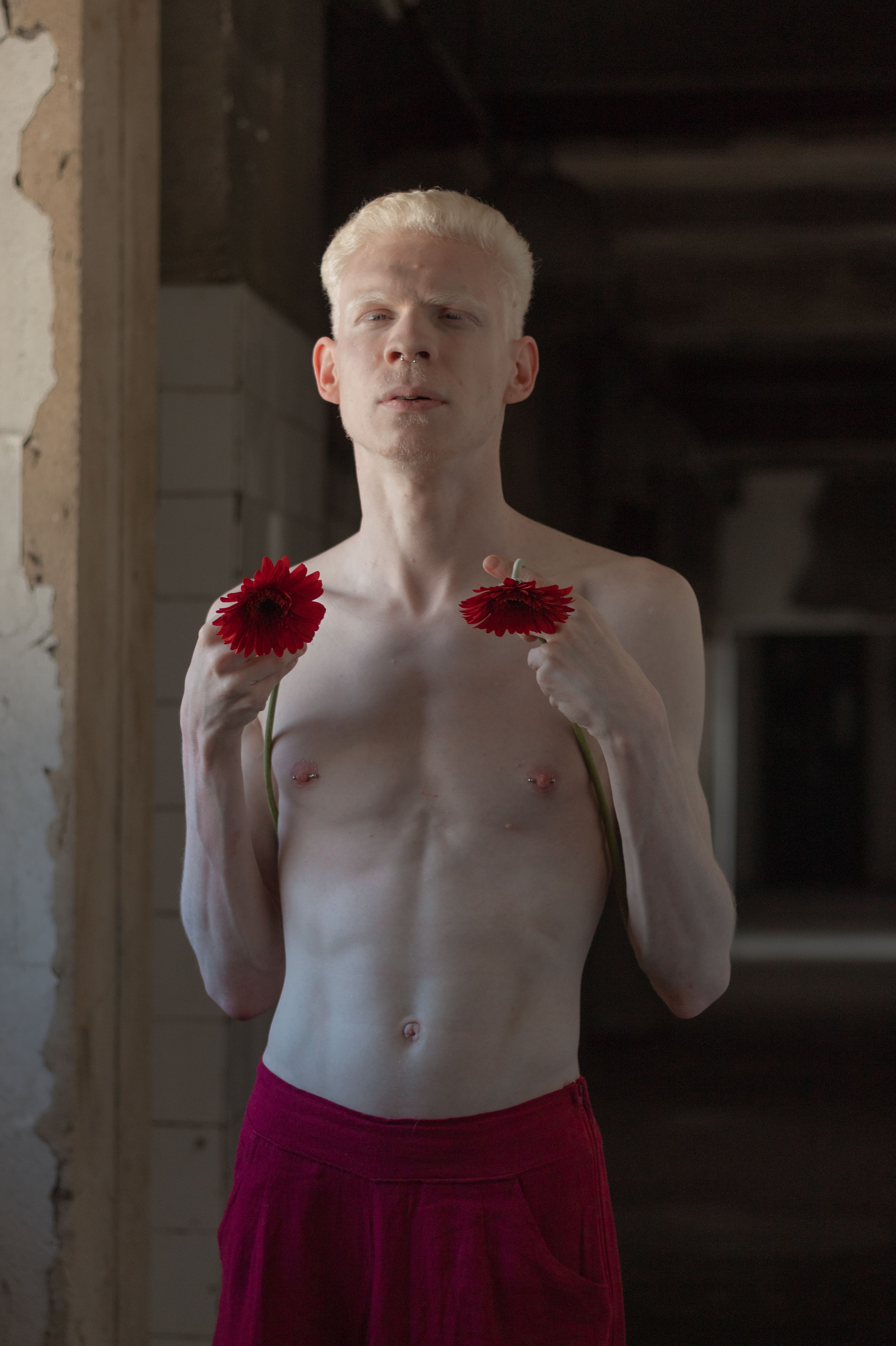 Albino Man Posing Shirtless and Holding Red Flowers · Free Stock Photo