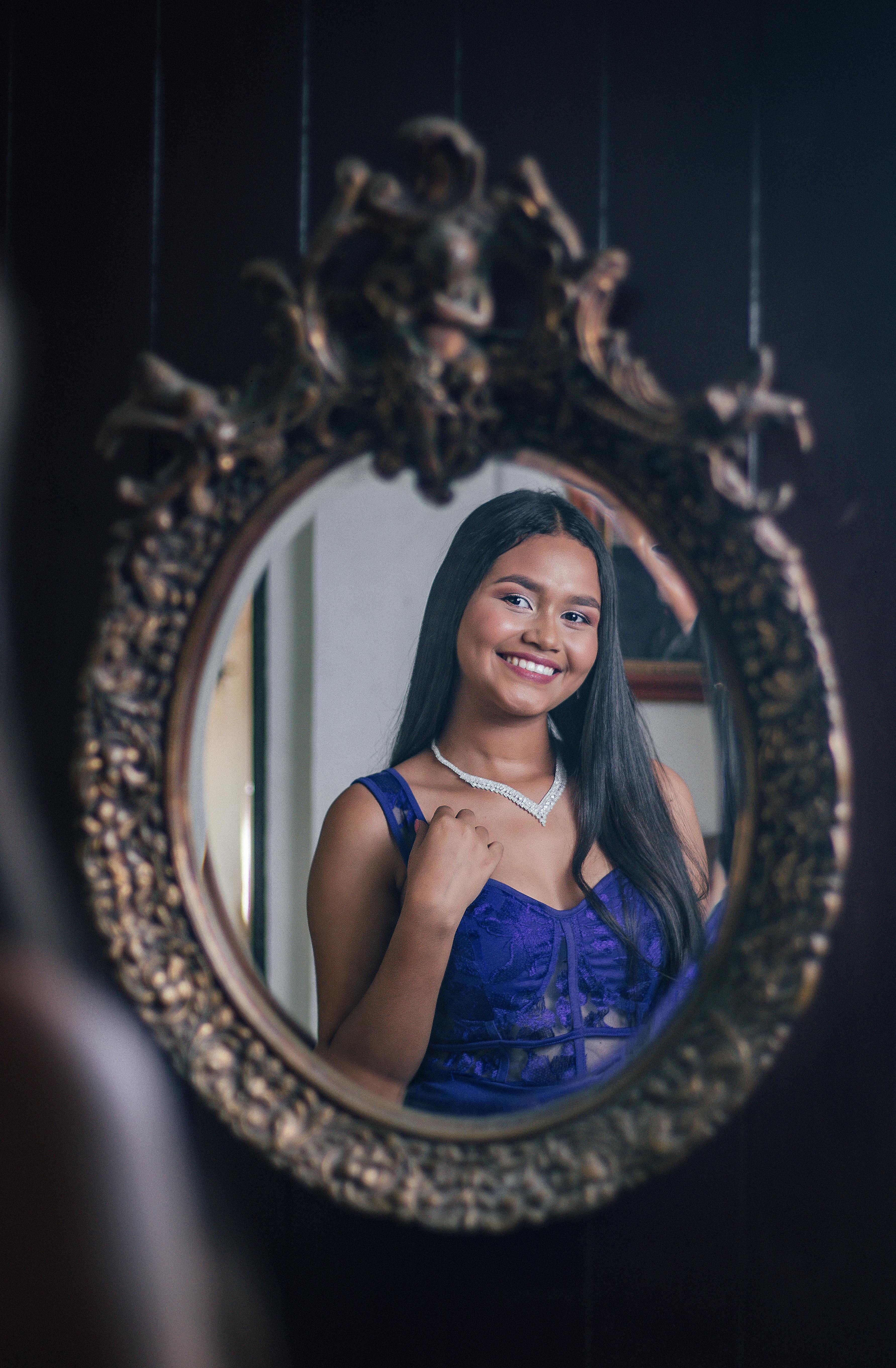 Smiling Brunette Woman Reflection in Mirror · Free Stock Photo