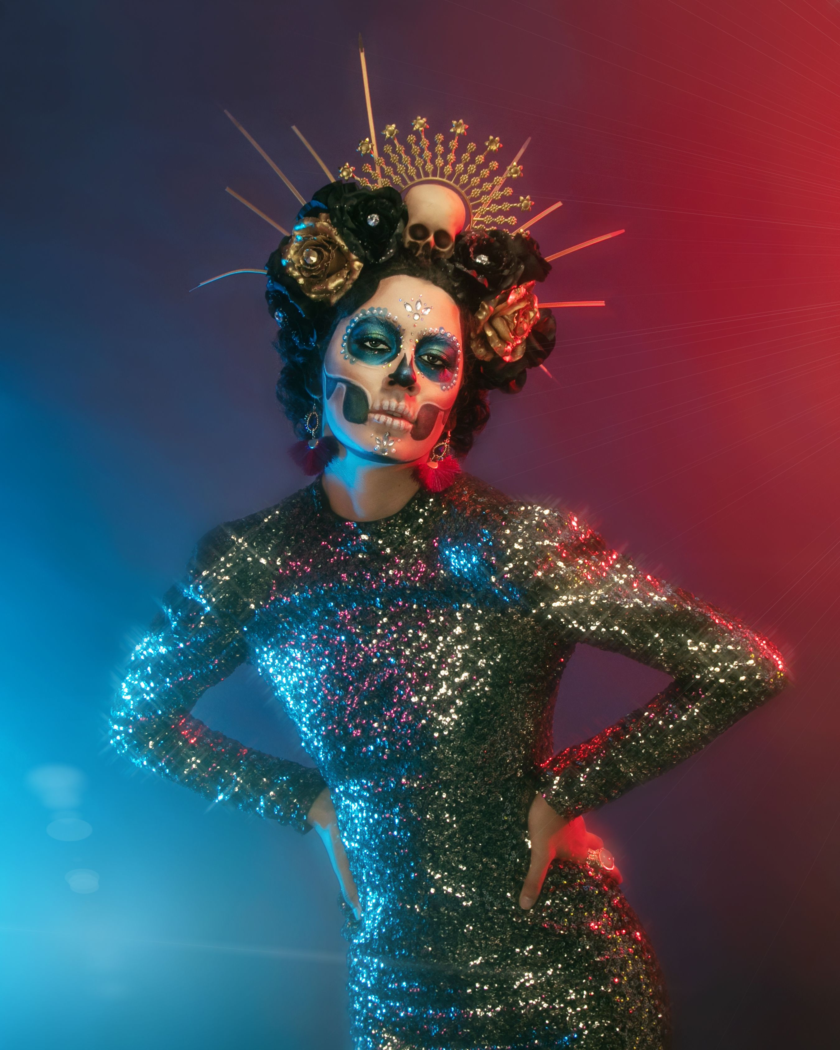 Calavera Catrina in a Golden Dress with Sequins and a Skull in Her Hair ...