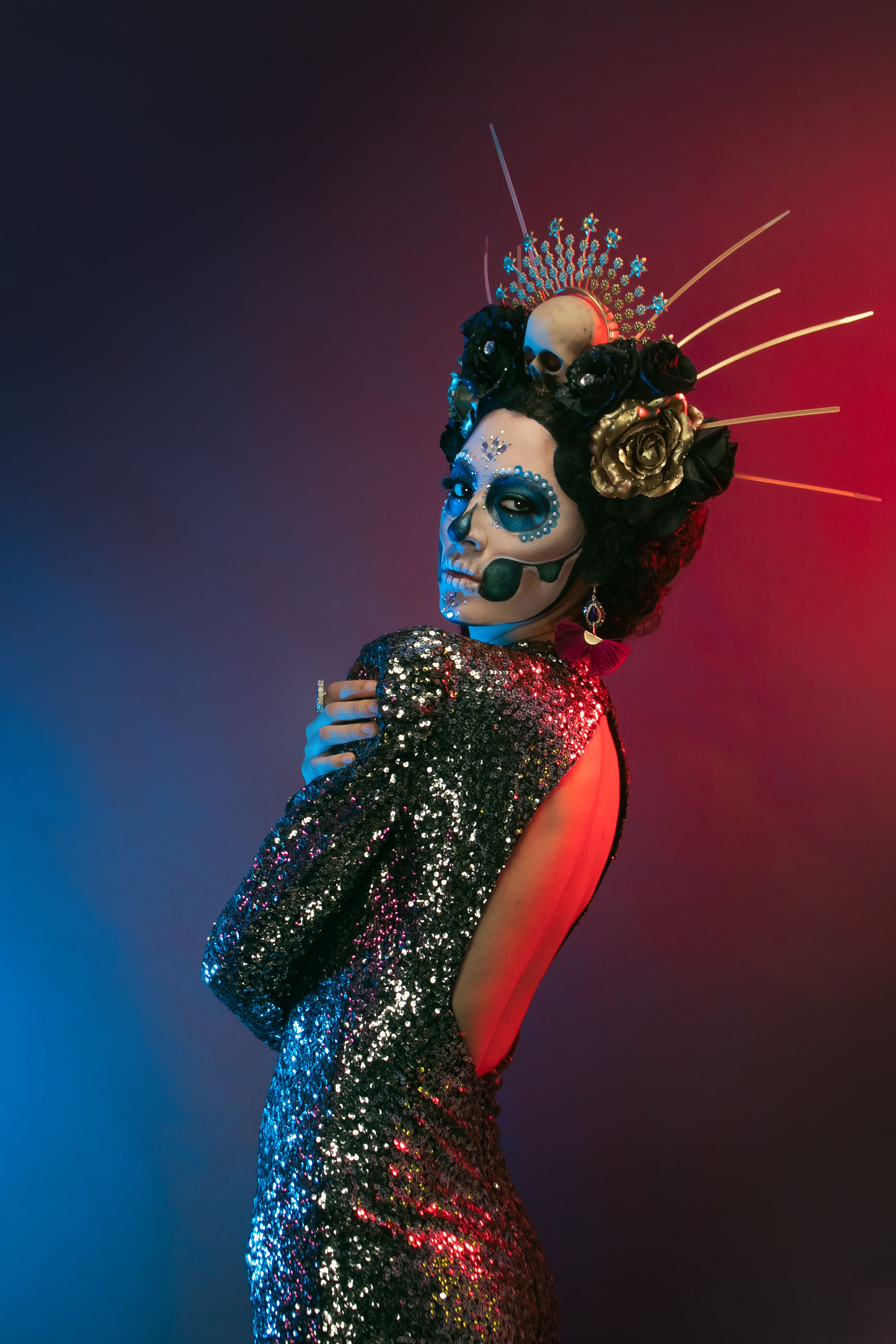 Model Wearing Calavera Catrina Makeup in a Golden Sequin Dress · Free ...