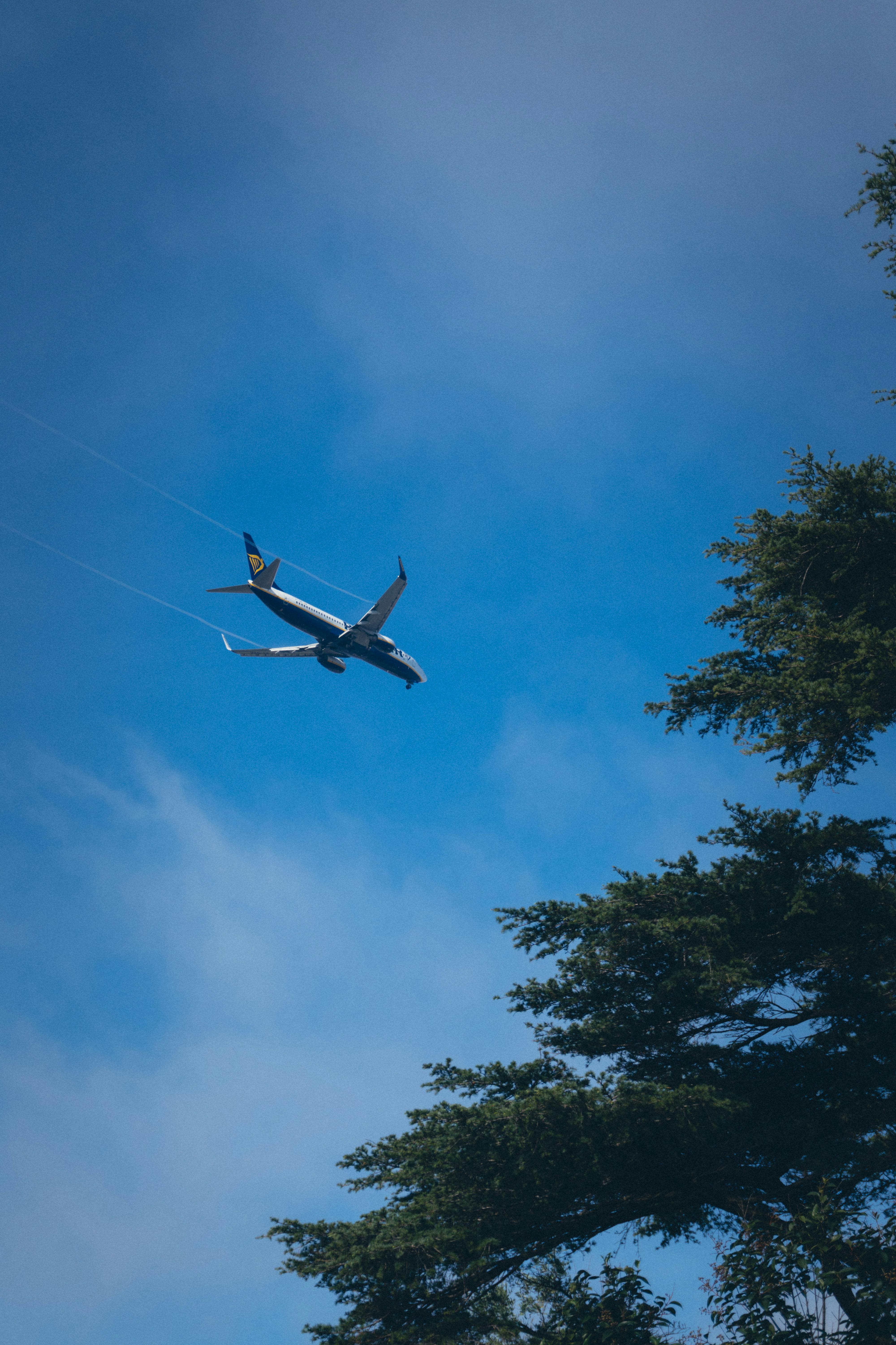 View of an Airplane Flying Low against Blue Sky · Free Stock Photo