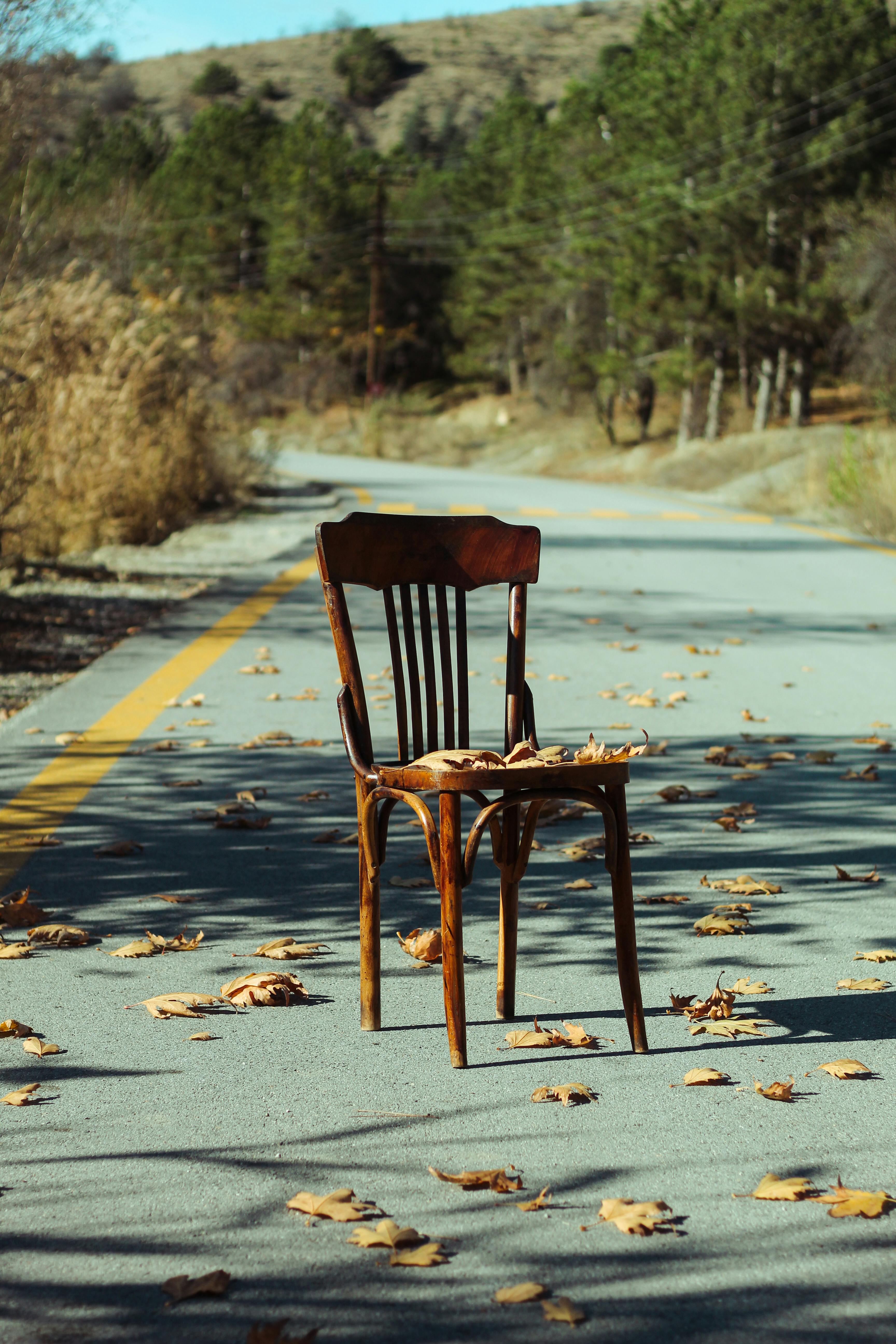 Wooden Chair Standing on an Asphalt Road Covered with Autumnal Leaves ...