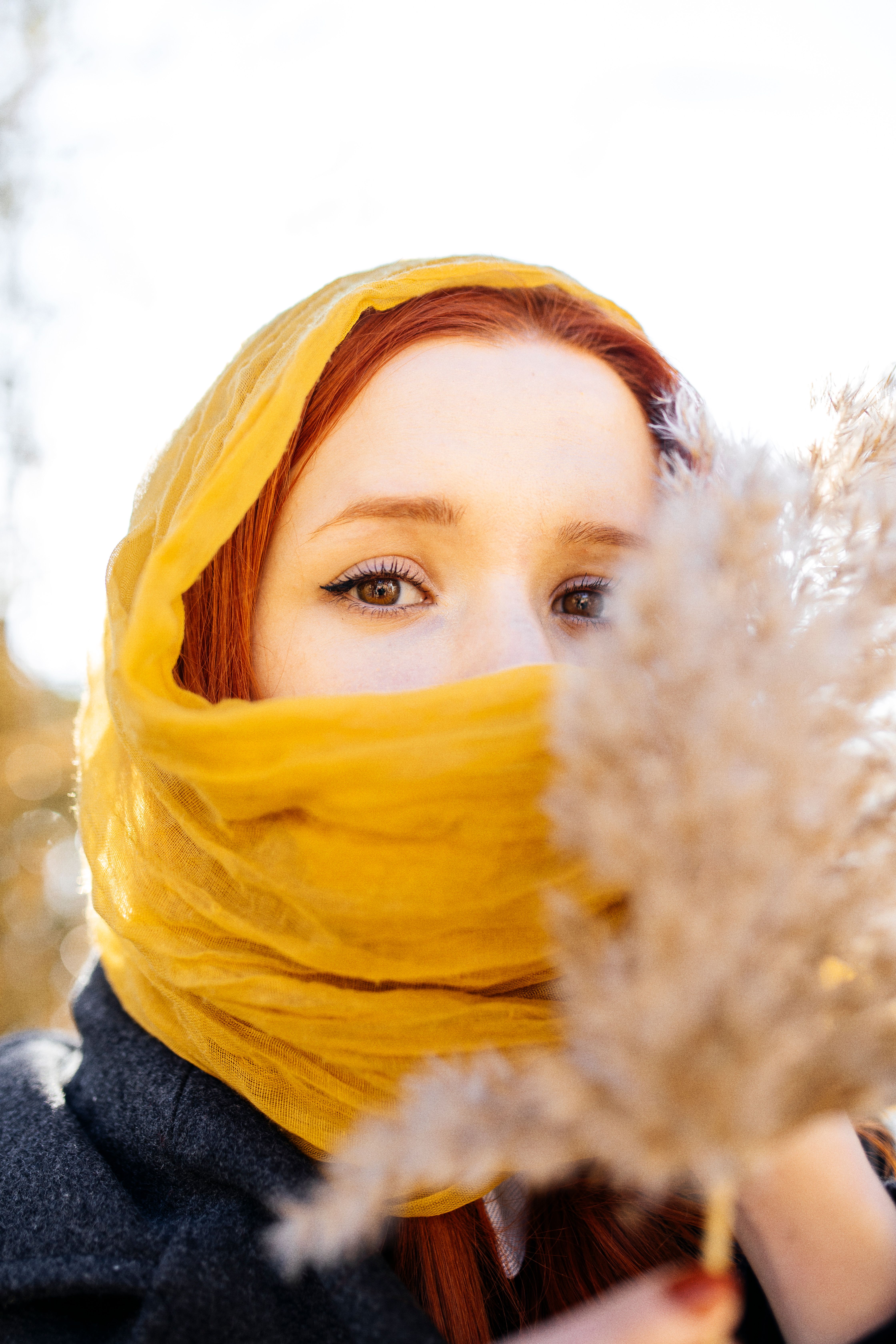 Redhead Model in Yellow Headscarf Holding Fluffy Spike · Free Stock Photo