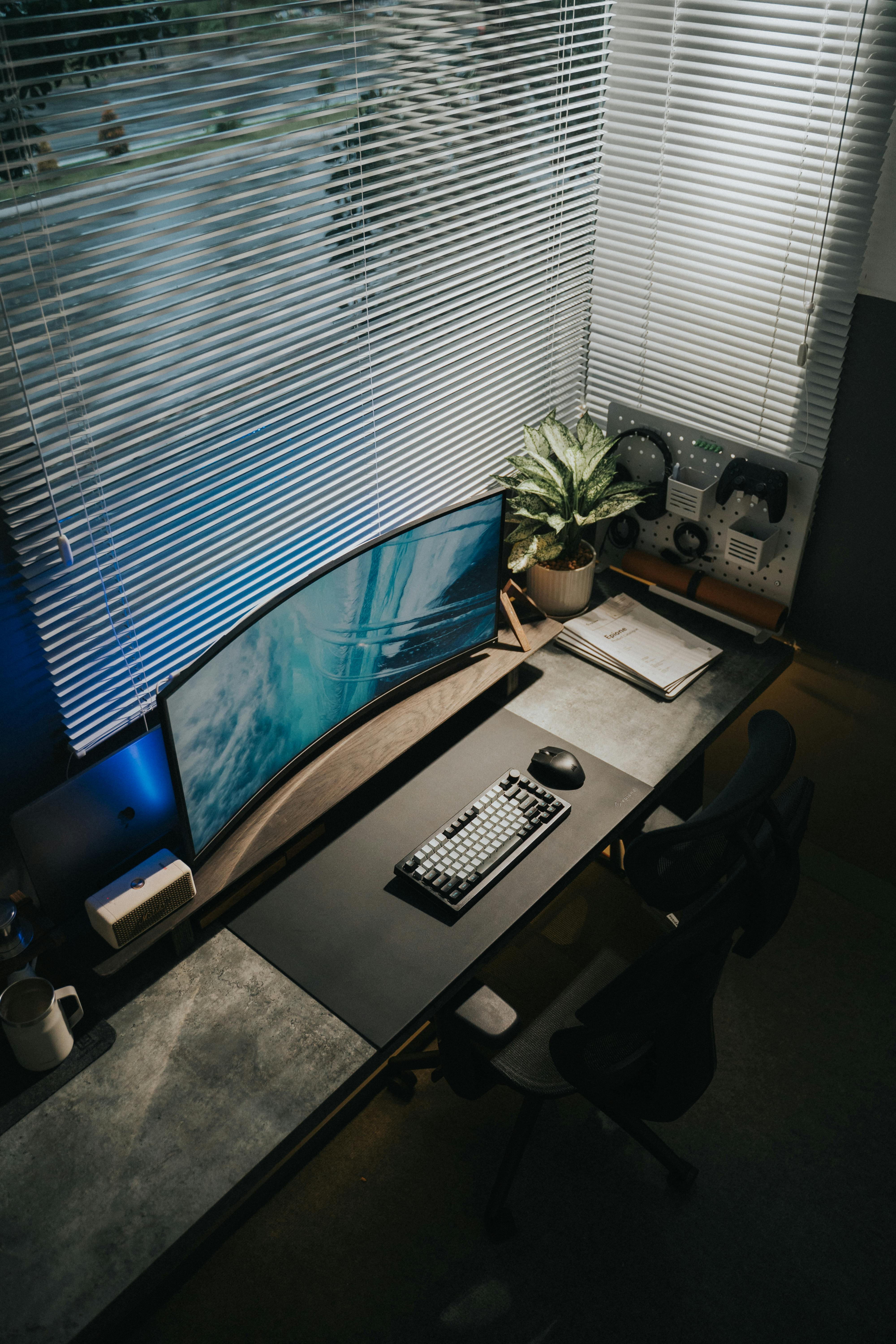 High Angle View of a Home Working Space with a Computer Desk, and a ...