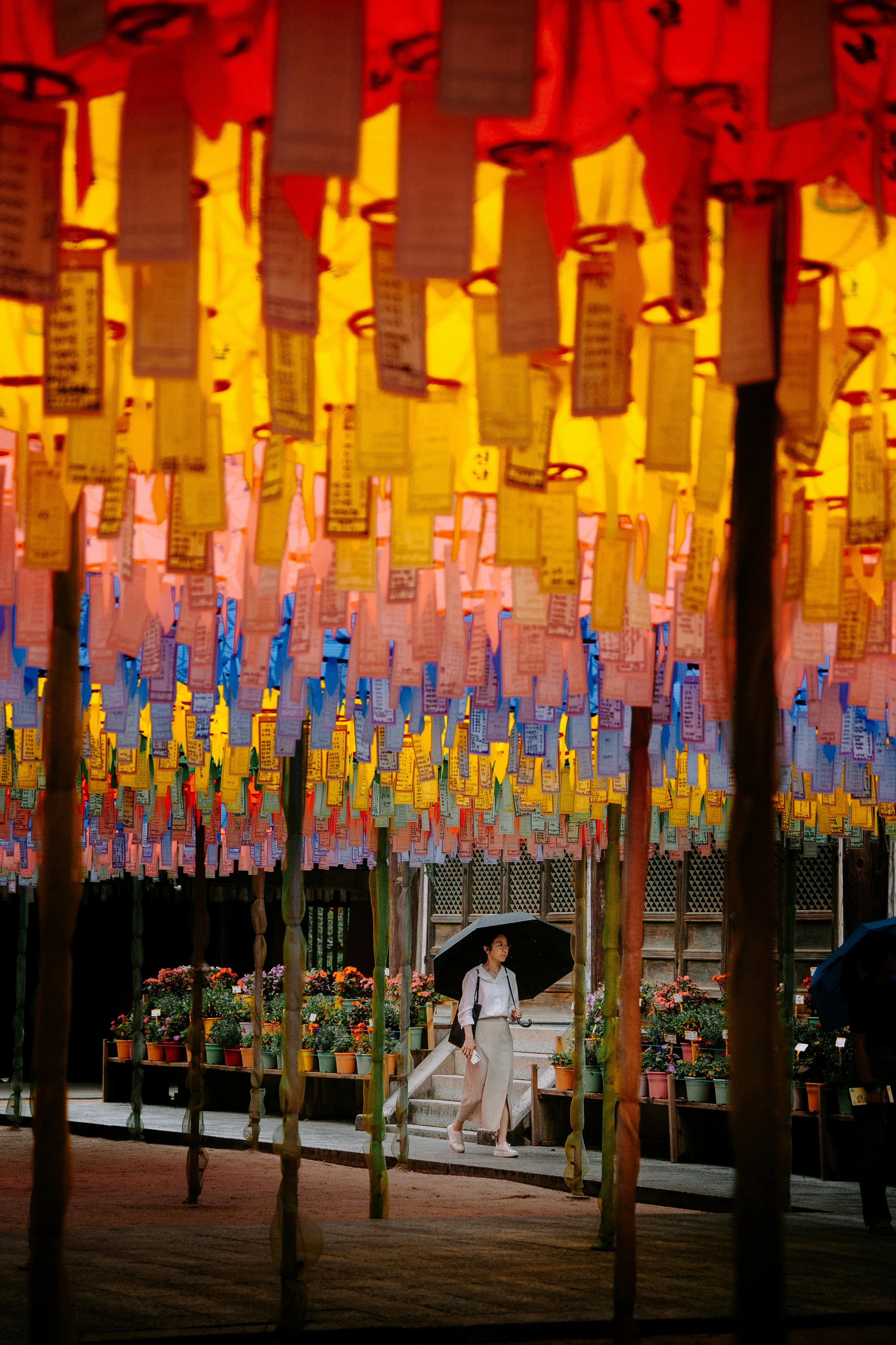 Woman Walking with Umbrella in Alley with Colorful Stripes · Free Stock Photo
