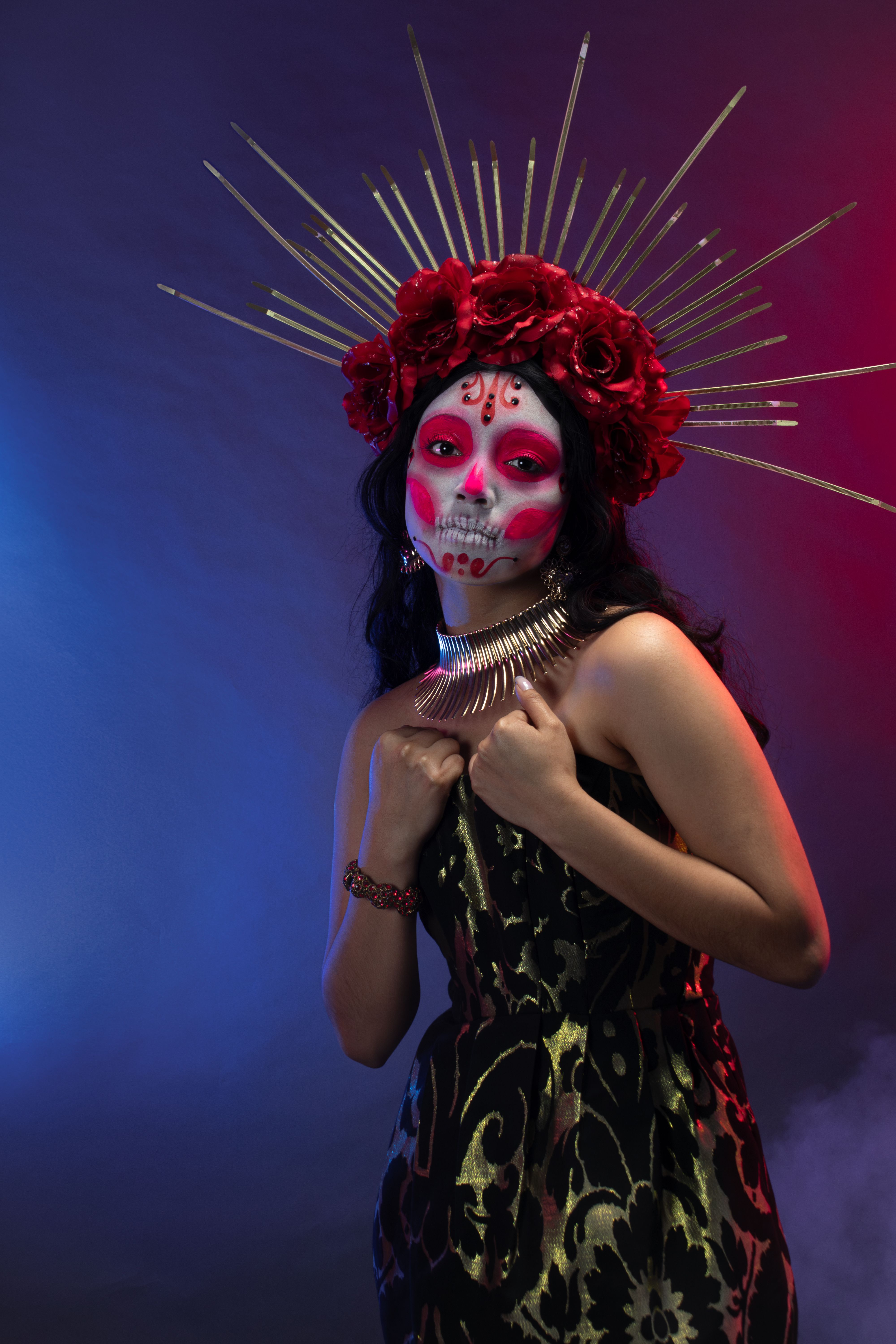 Calavera Catrina in Floral Halo Crown and Off the Shoulder Dress · Free ...