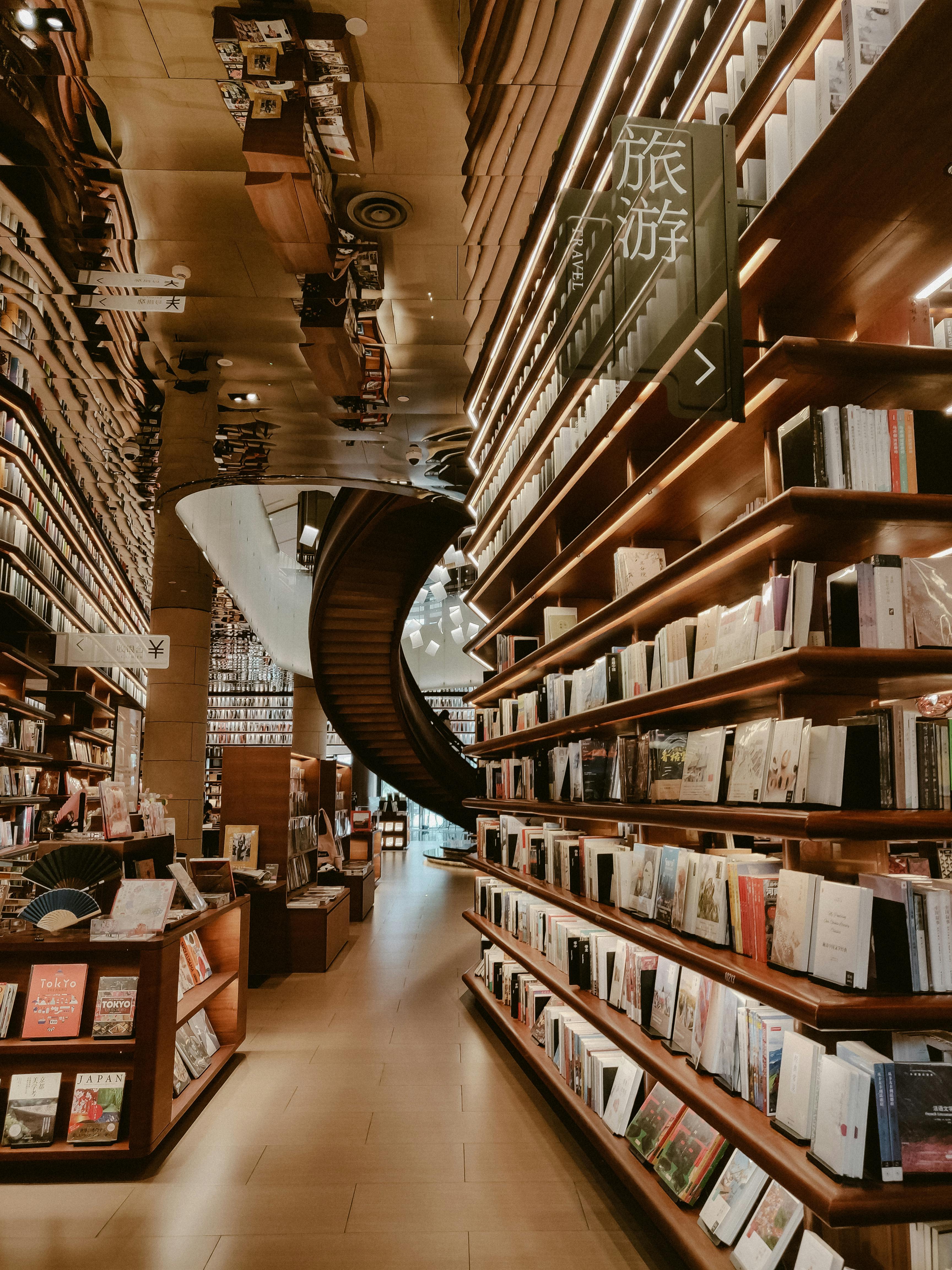 Top View of Library With Red Stairs · Free Stock Photo