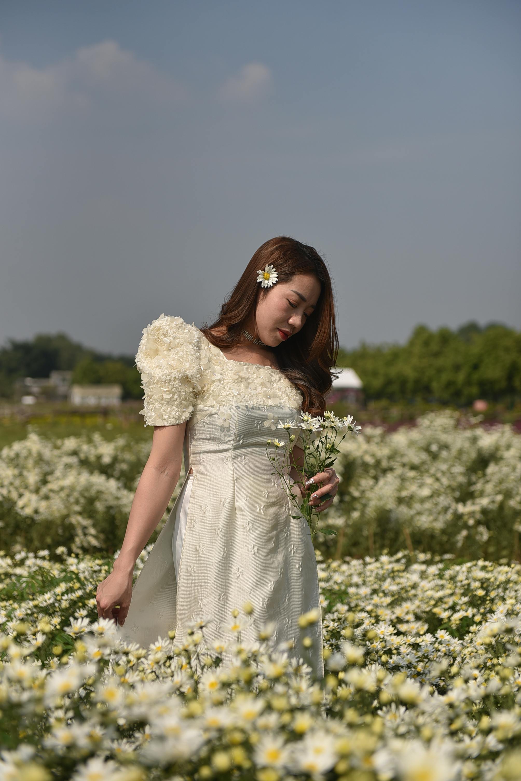 Woman in Puff Dress Standing on a Flower Field while Looking at the ...