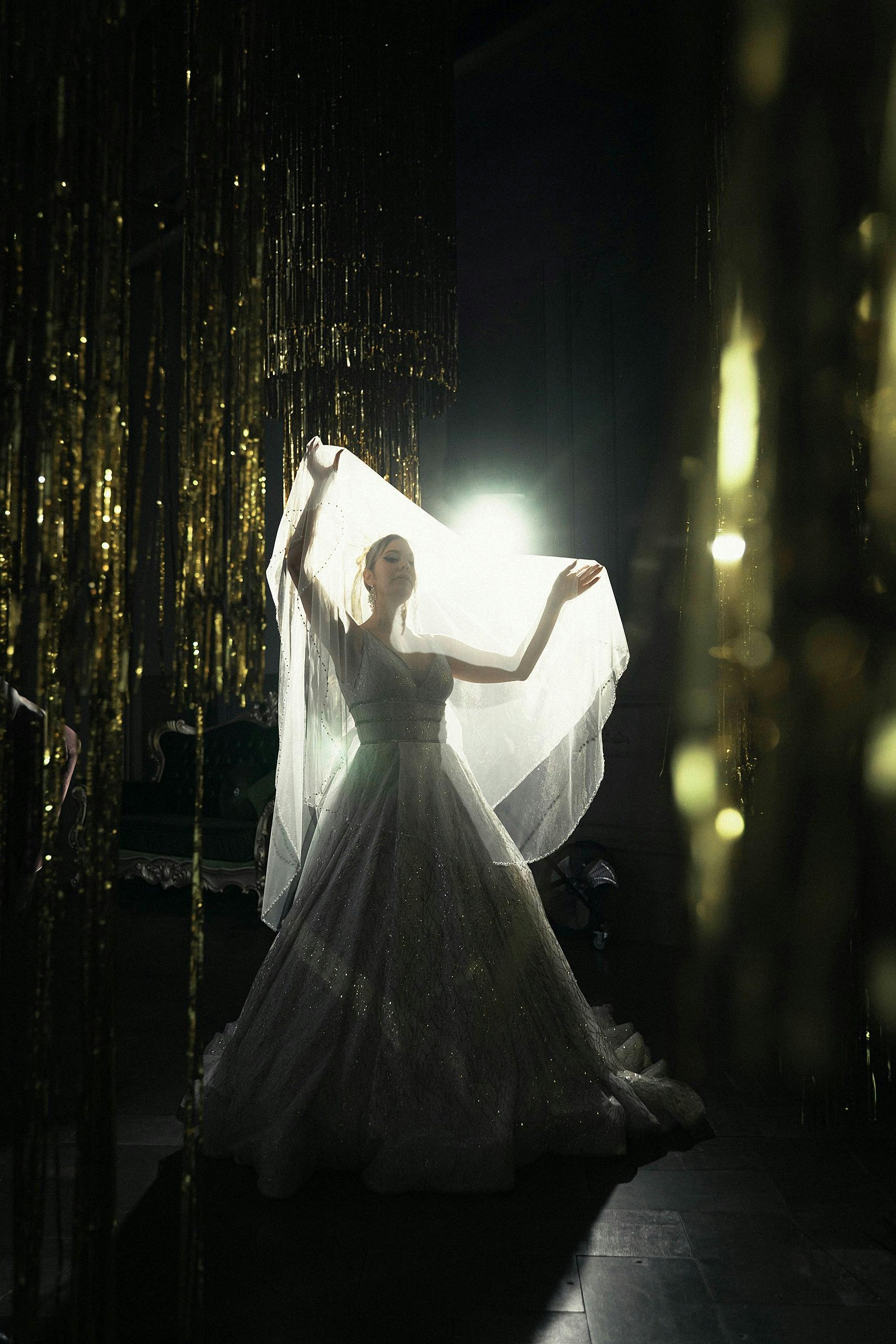 Bride Holding Her Veil Up in the Ballroom · Free Stock Photo