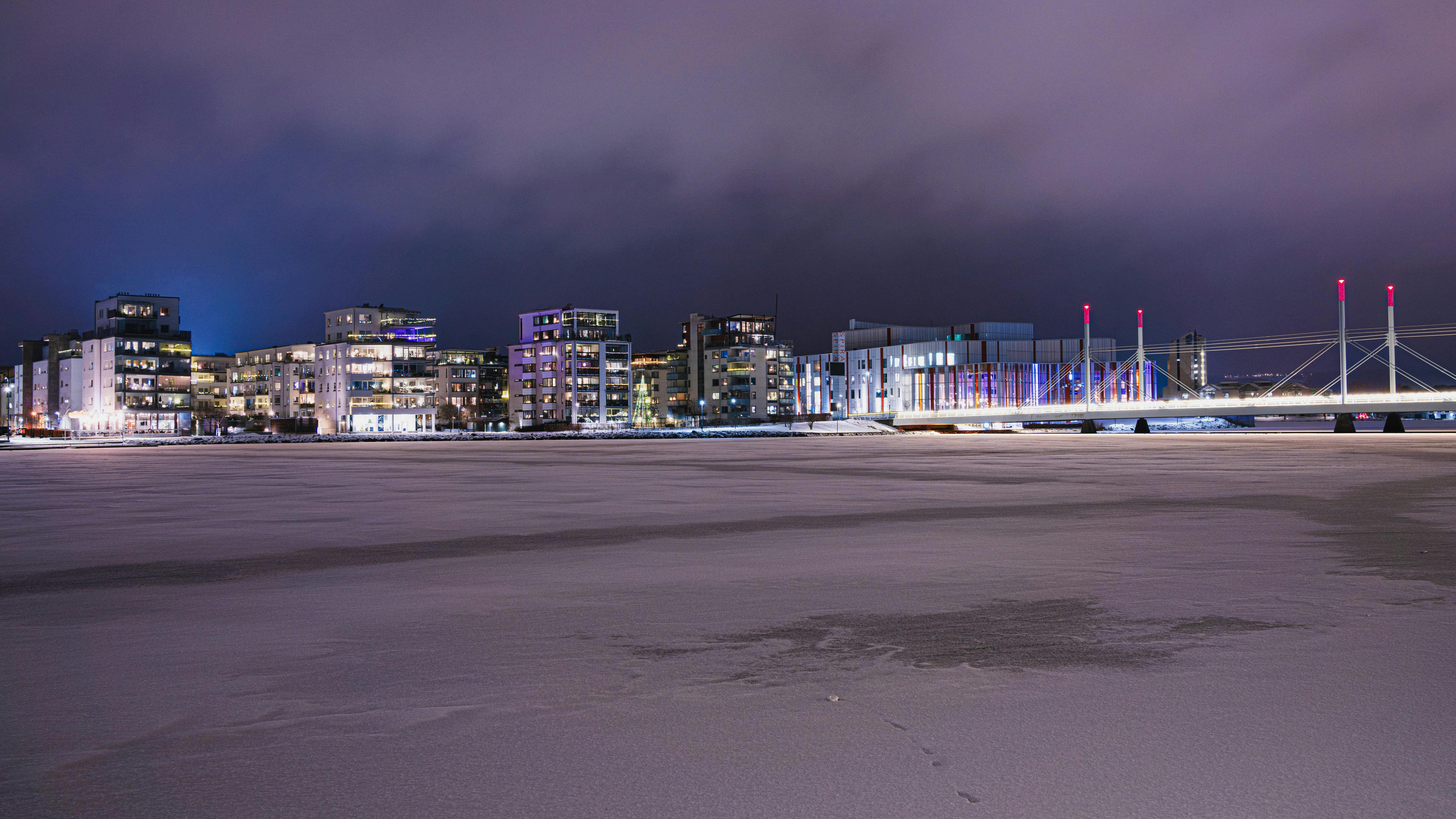 View of Illuminated Buildings and the Munksjo Bridge in Jonkoping ...