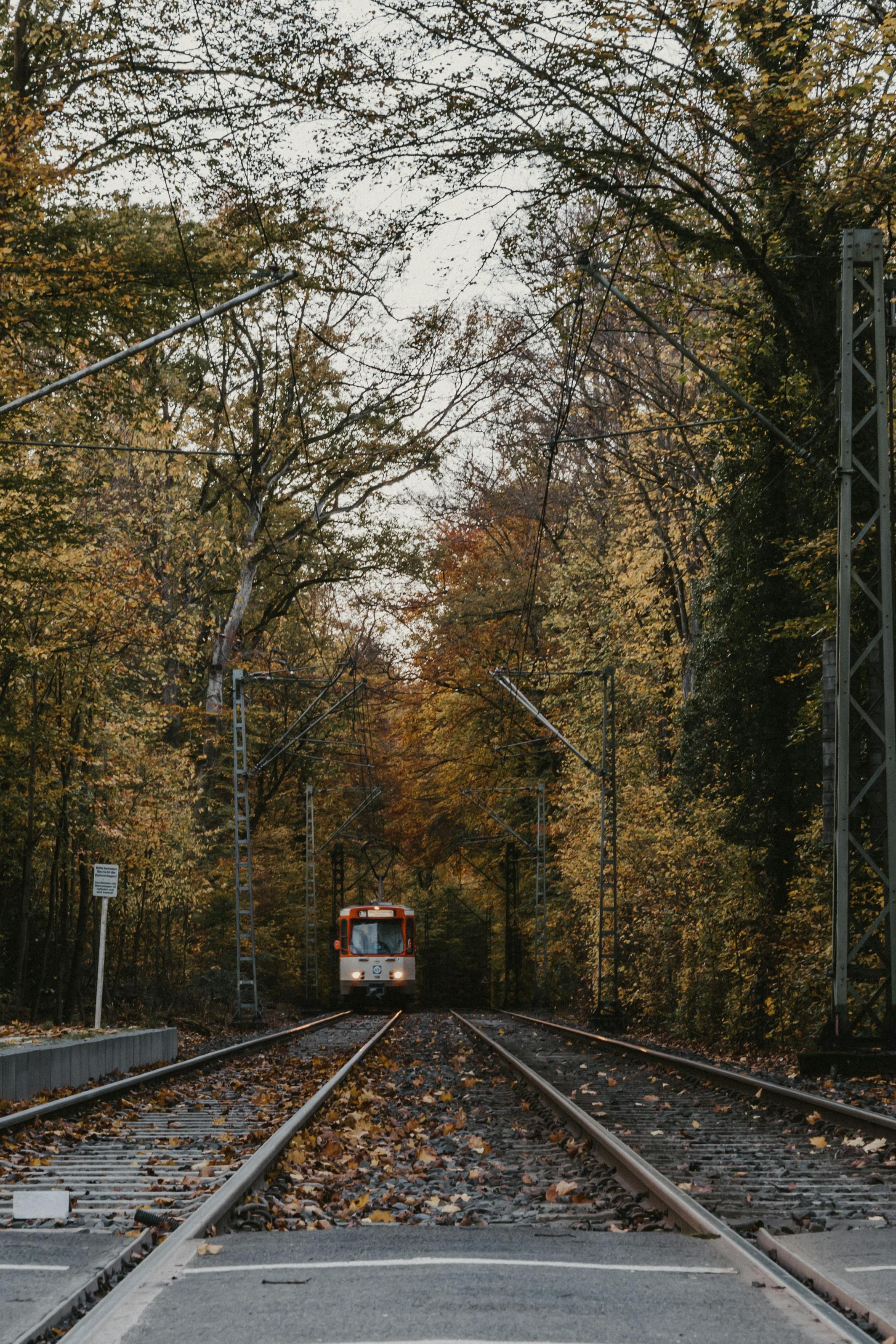 Railway Track and Autumn Trees with Building behind · Free Stock Photo