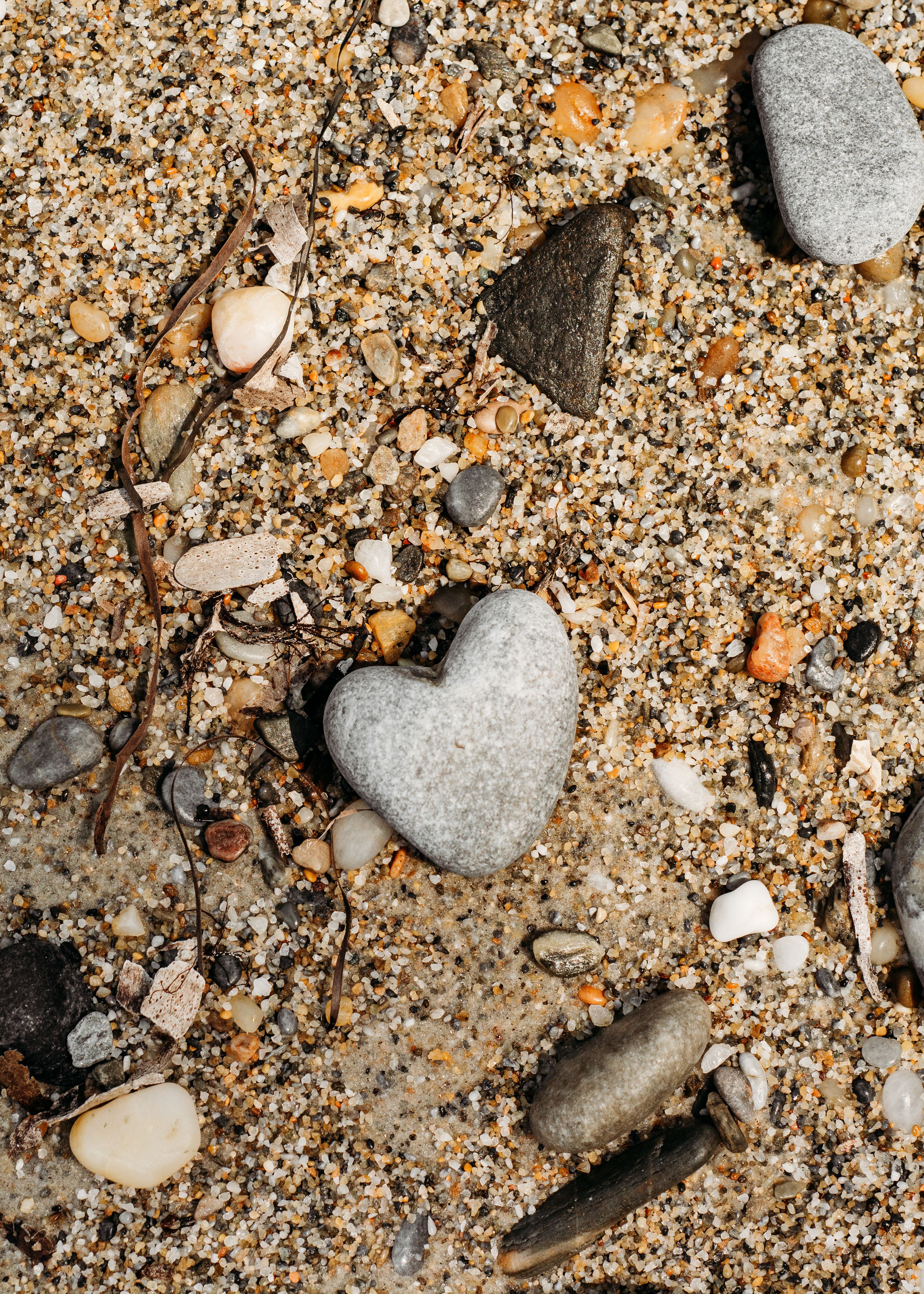 A heart shaped rock and pebbles on the beach · Free Stock Photo