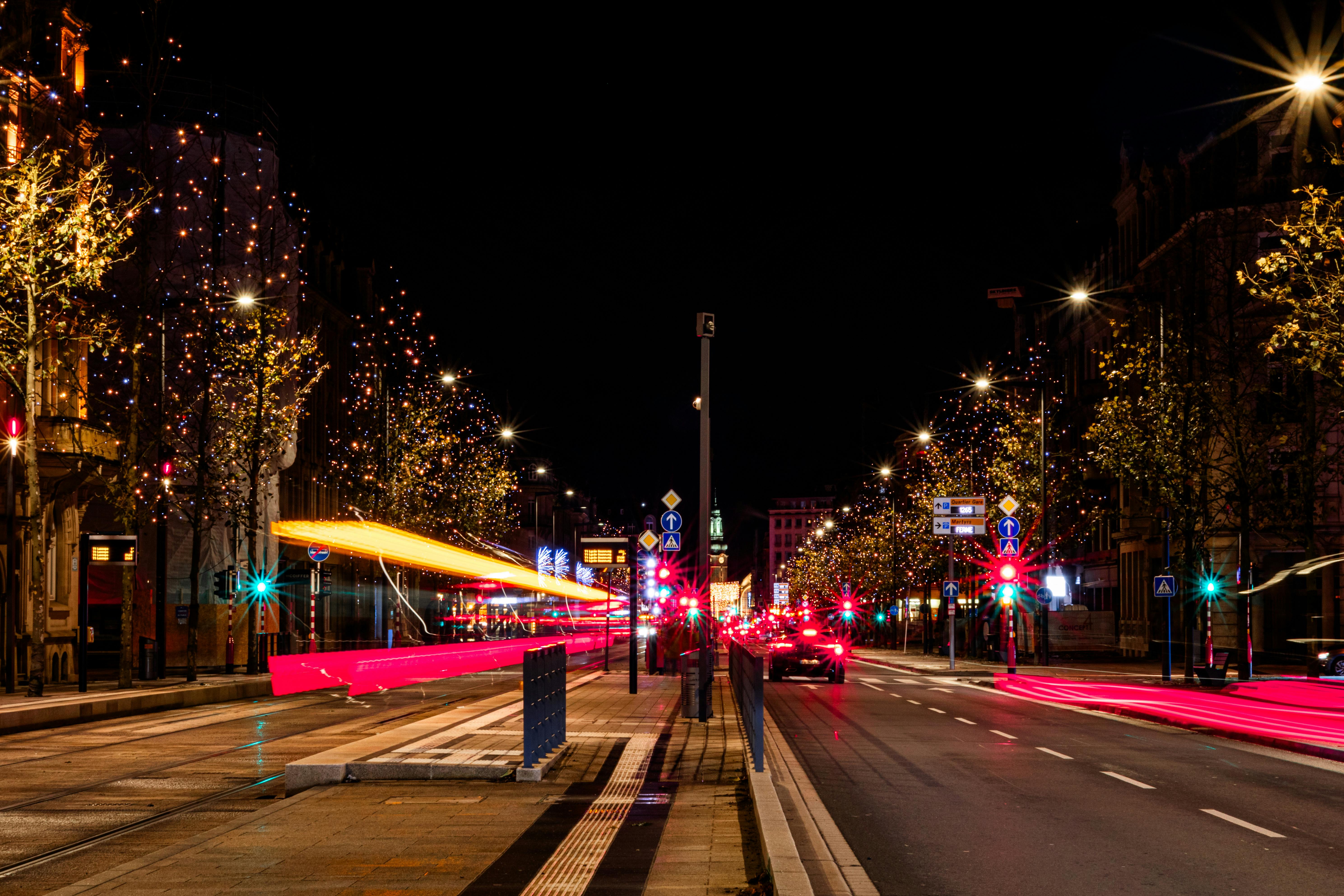 Street Decorated with Christmas Lights at Night · Free Stock Photo