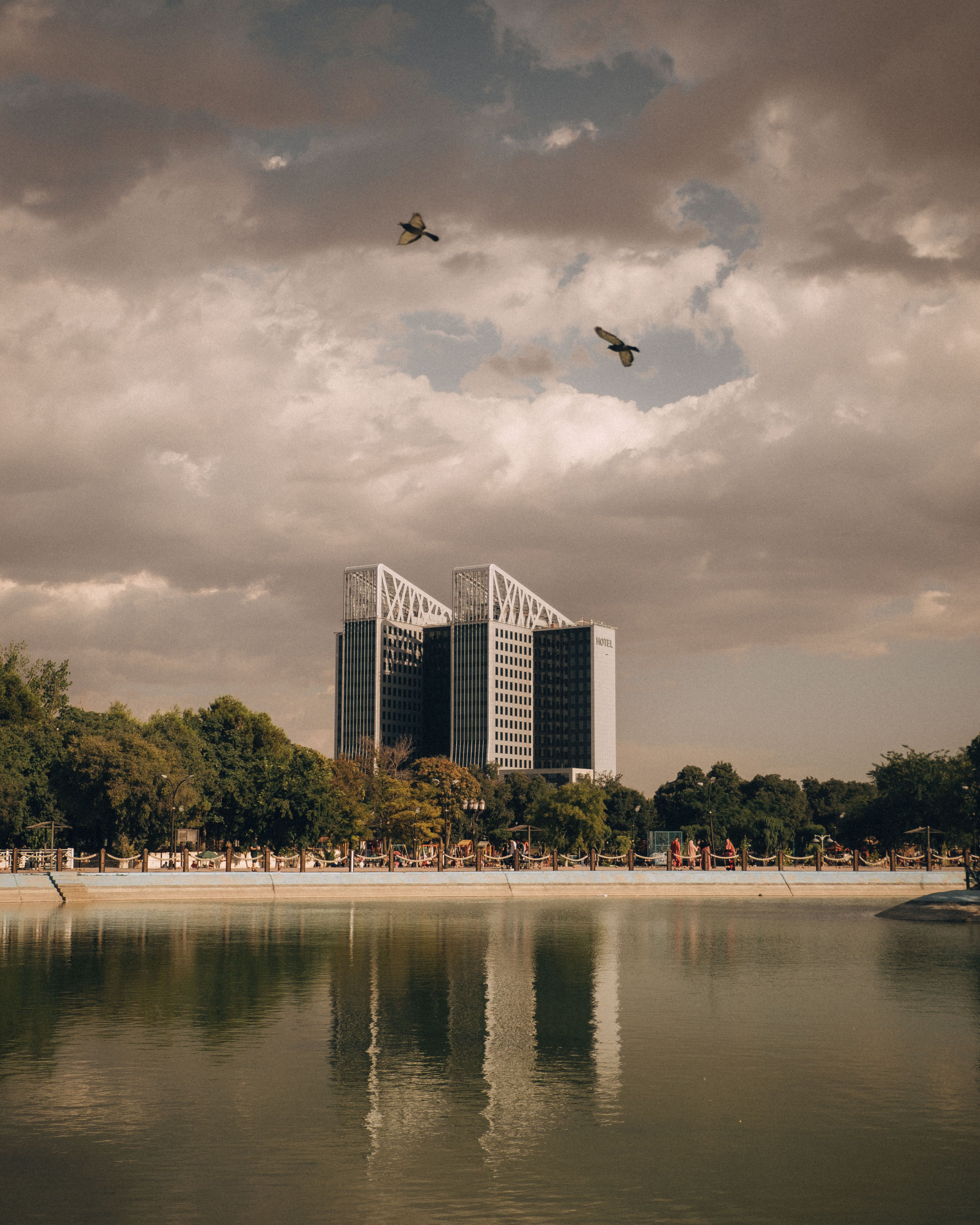 Birds Flying over a City Lake with the Park Mall Setif in the ...