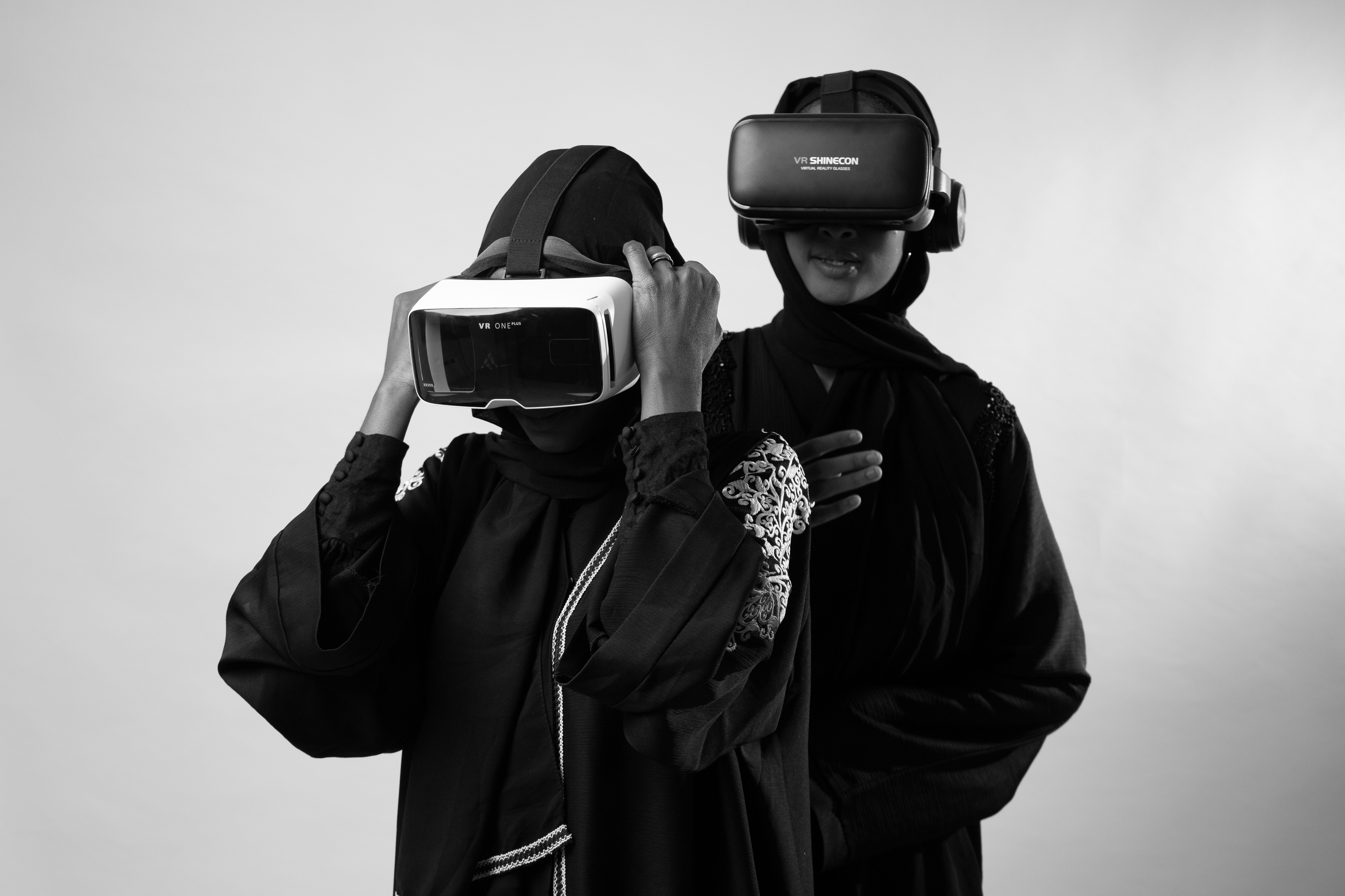 Model Using a VR Headset with a Wireless Controller and Headphones ...