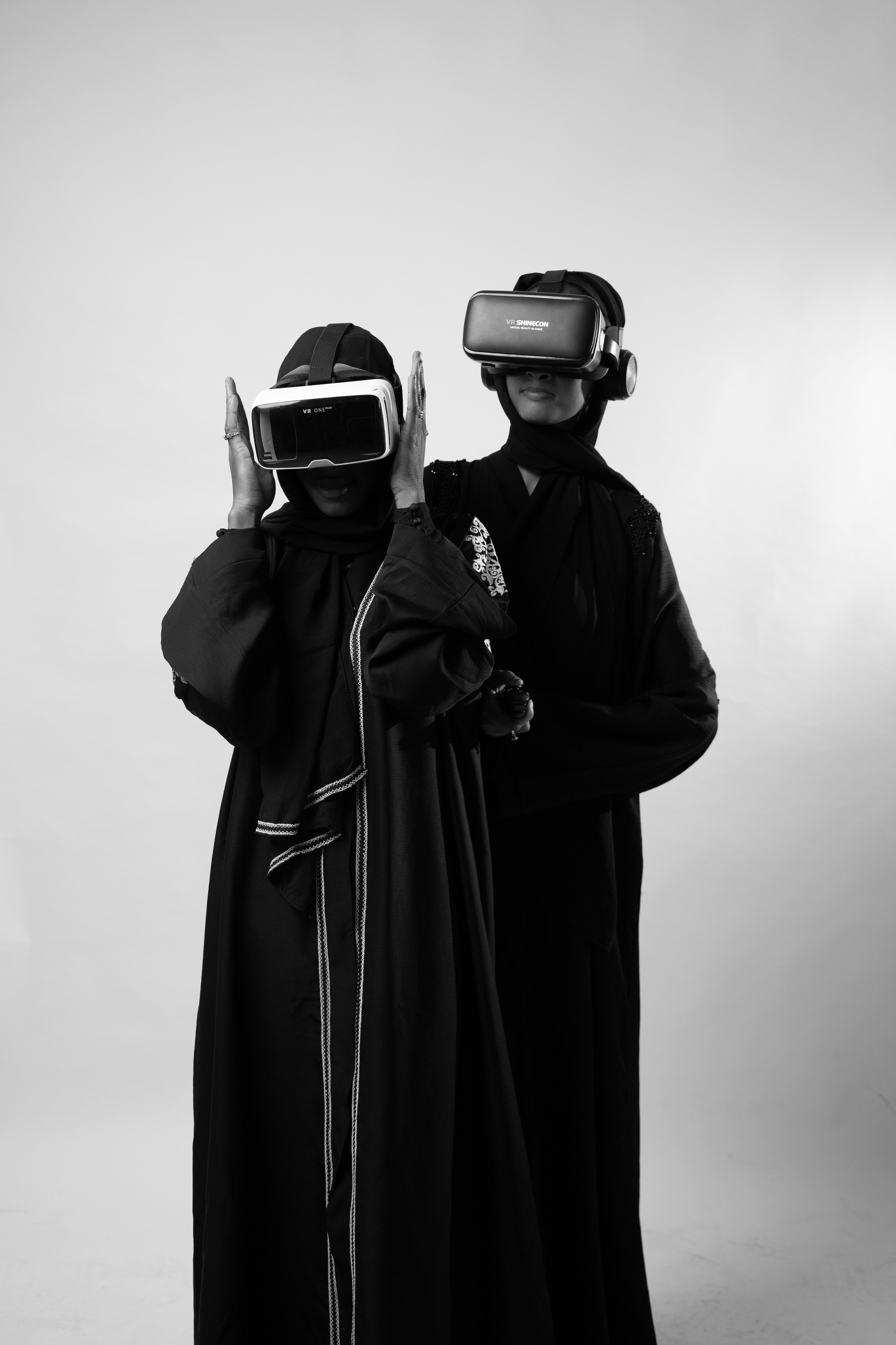 Model Using a VR Headset with a Wireless Controller and Headphones ...