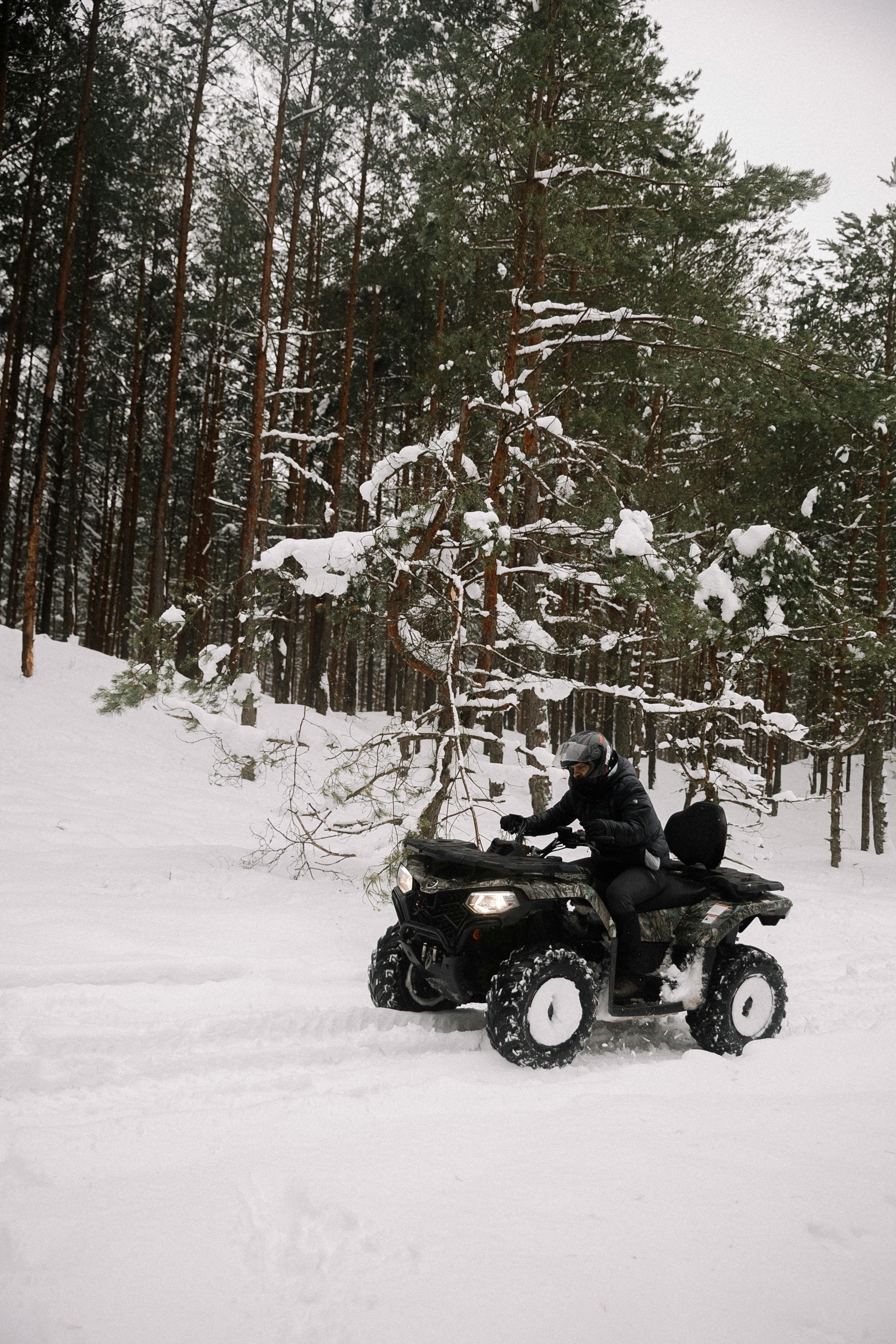Man Riding ATV on Snowy Road in Forest · Free Stock Photo