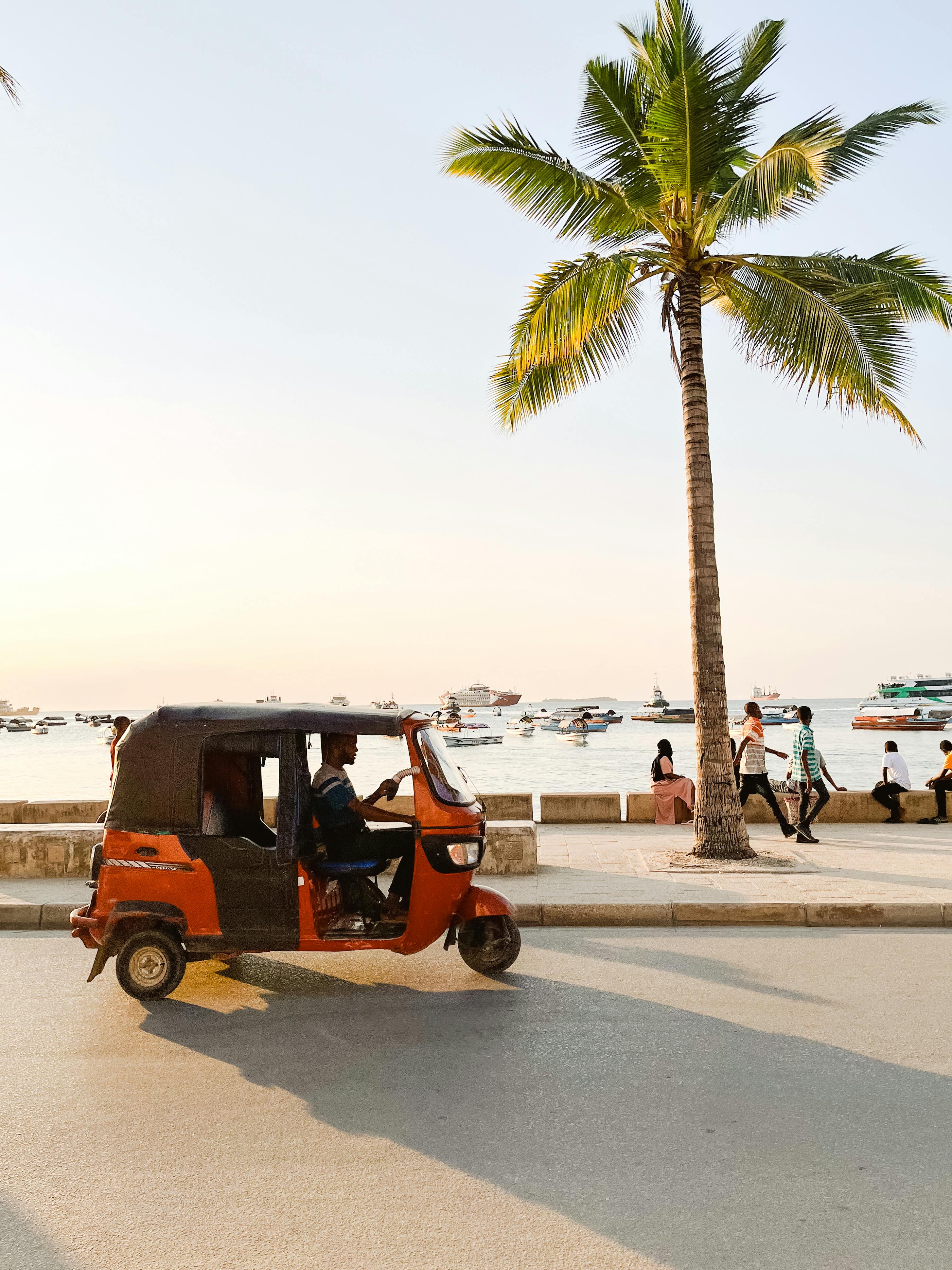Auto Rickshaw Driving Along a Bay Full of Anchored Boats · Free Stock Photo