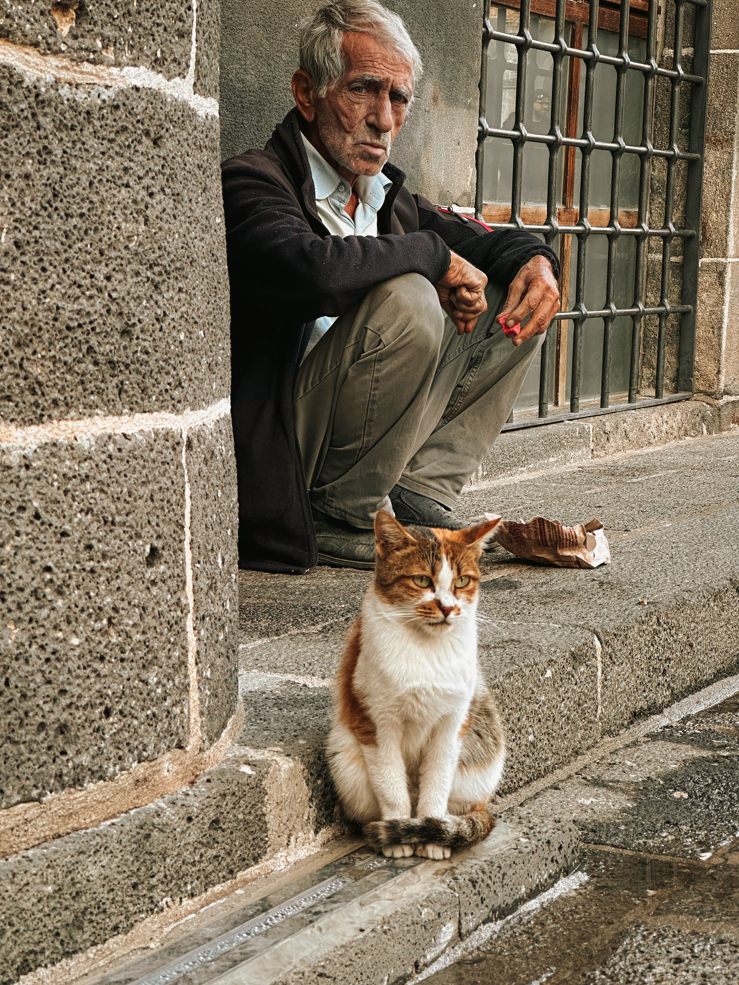 Man and Cat Sitting on Street · Free Stock Photo