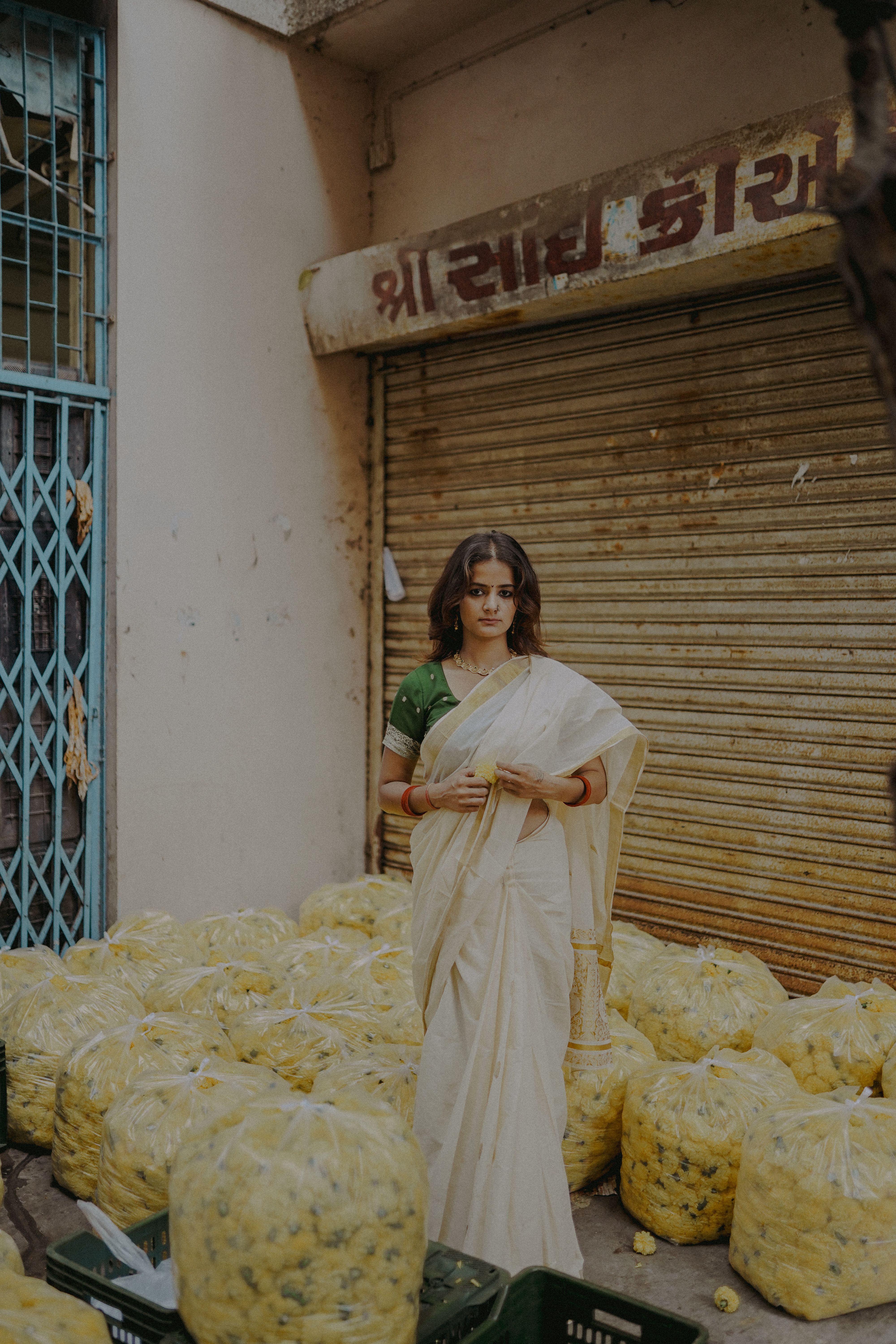 Young Indian Woman in Sari near Plastic Bags · Free Stock Photo