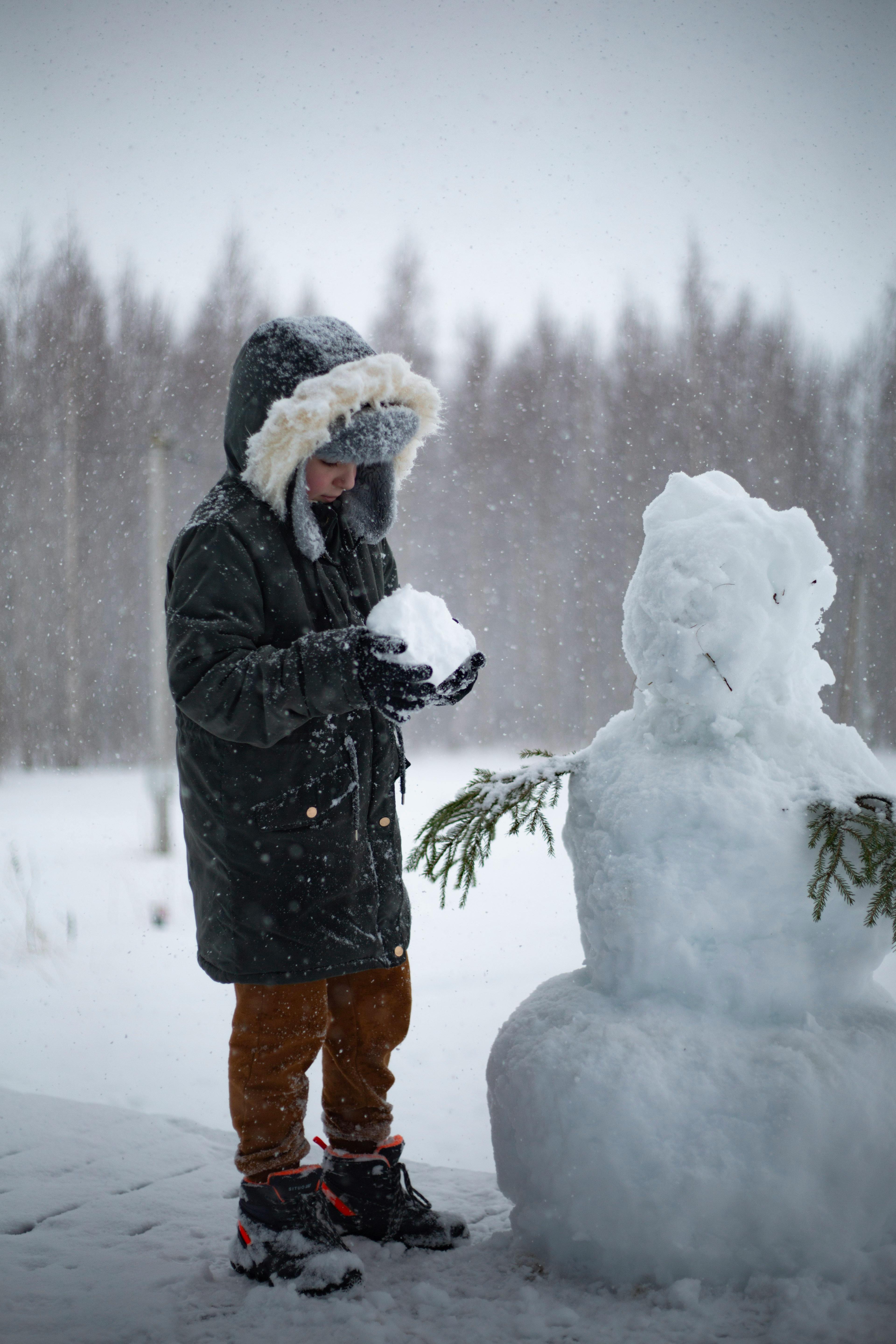 Person in Coat Standing by Snowman · Free Stock Photo