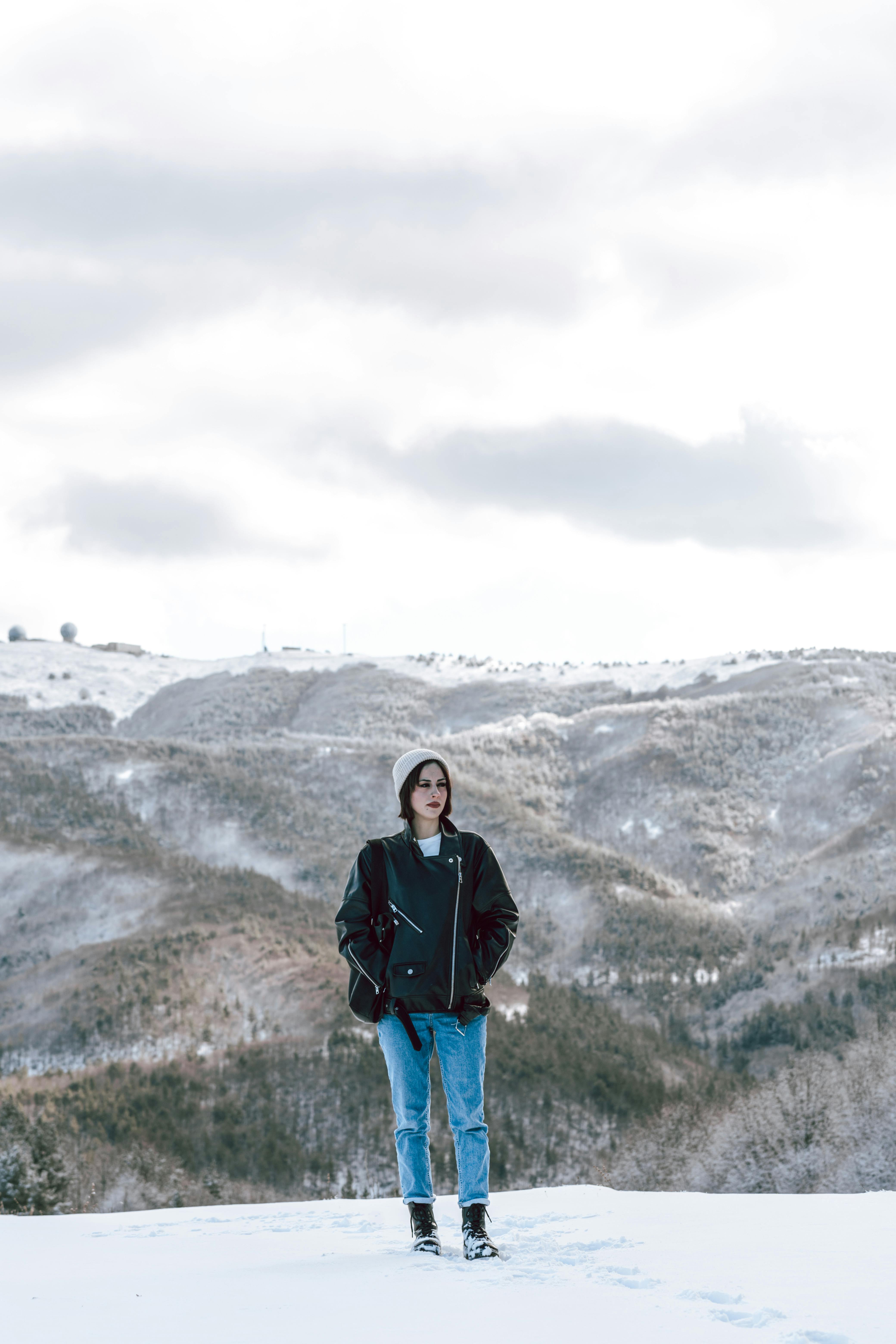 Woman Wearing Leather Jacket on Winter Landscape · Free Stock Photo