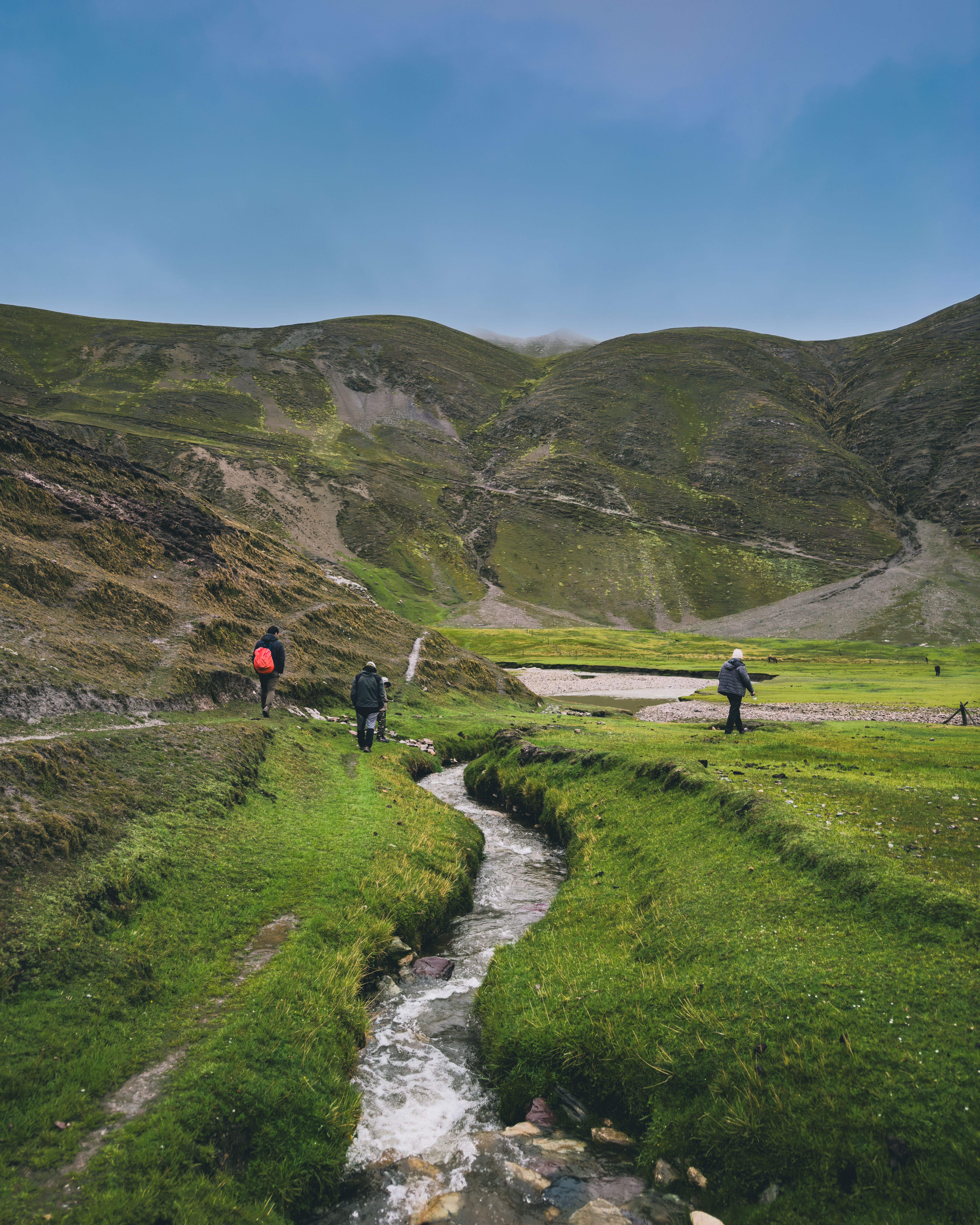 People Hiking in the Grassy Mountains Walking by a Stream · Free Stock ...