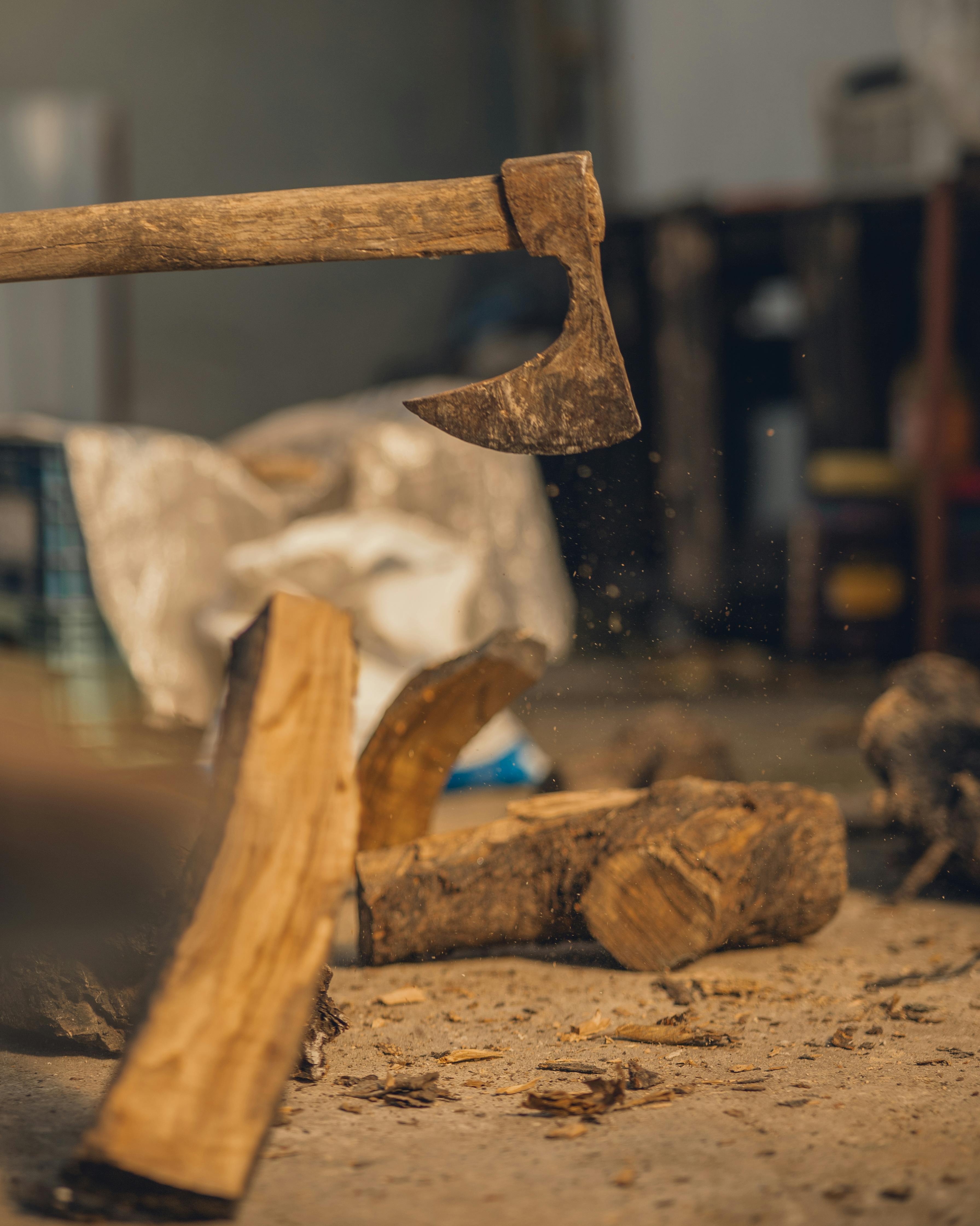 Tree Logs and Axe in a Workshop · Free Stock Photo