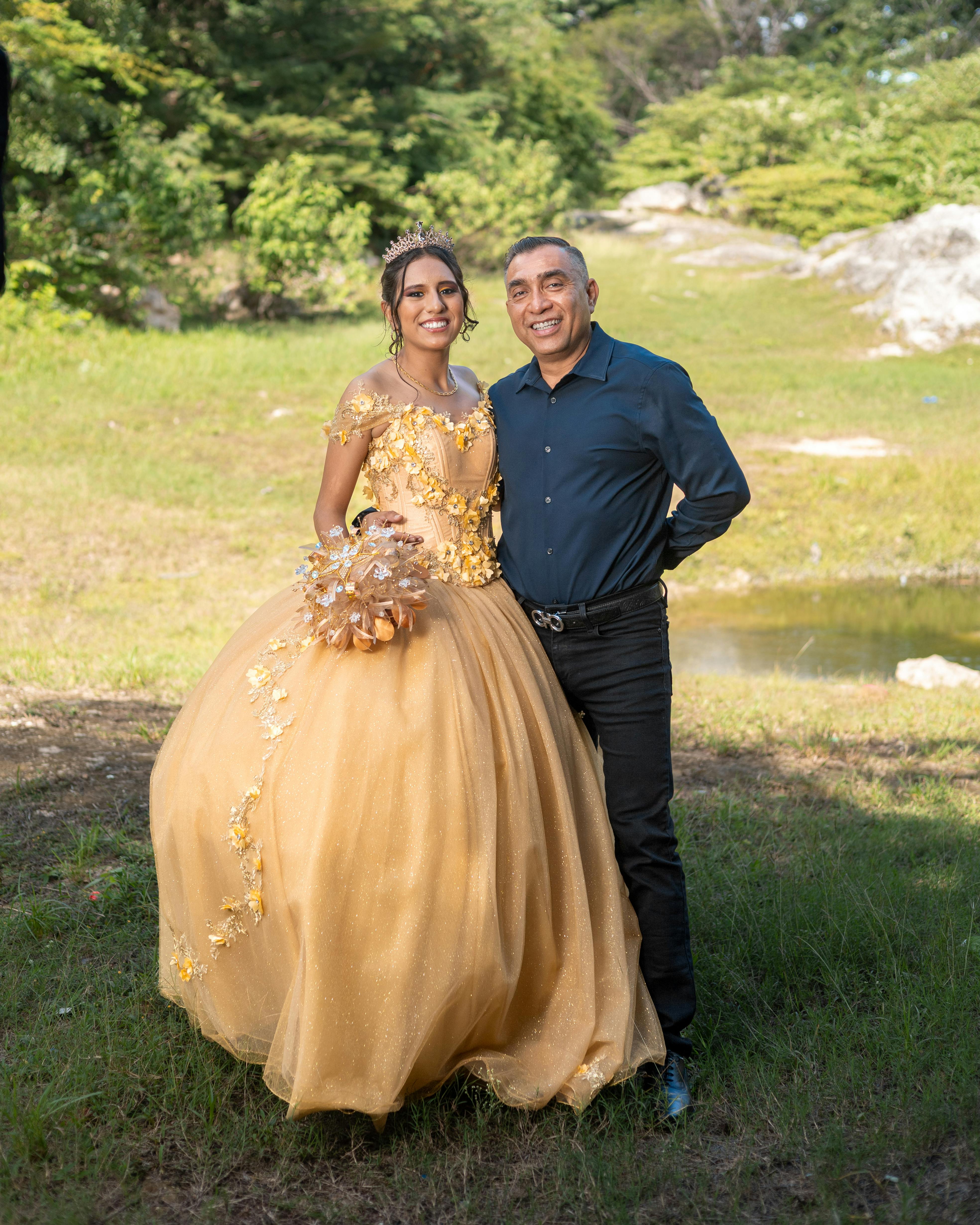 Woman Wearing Princess Dress Posing with Father · Free Stock Photo