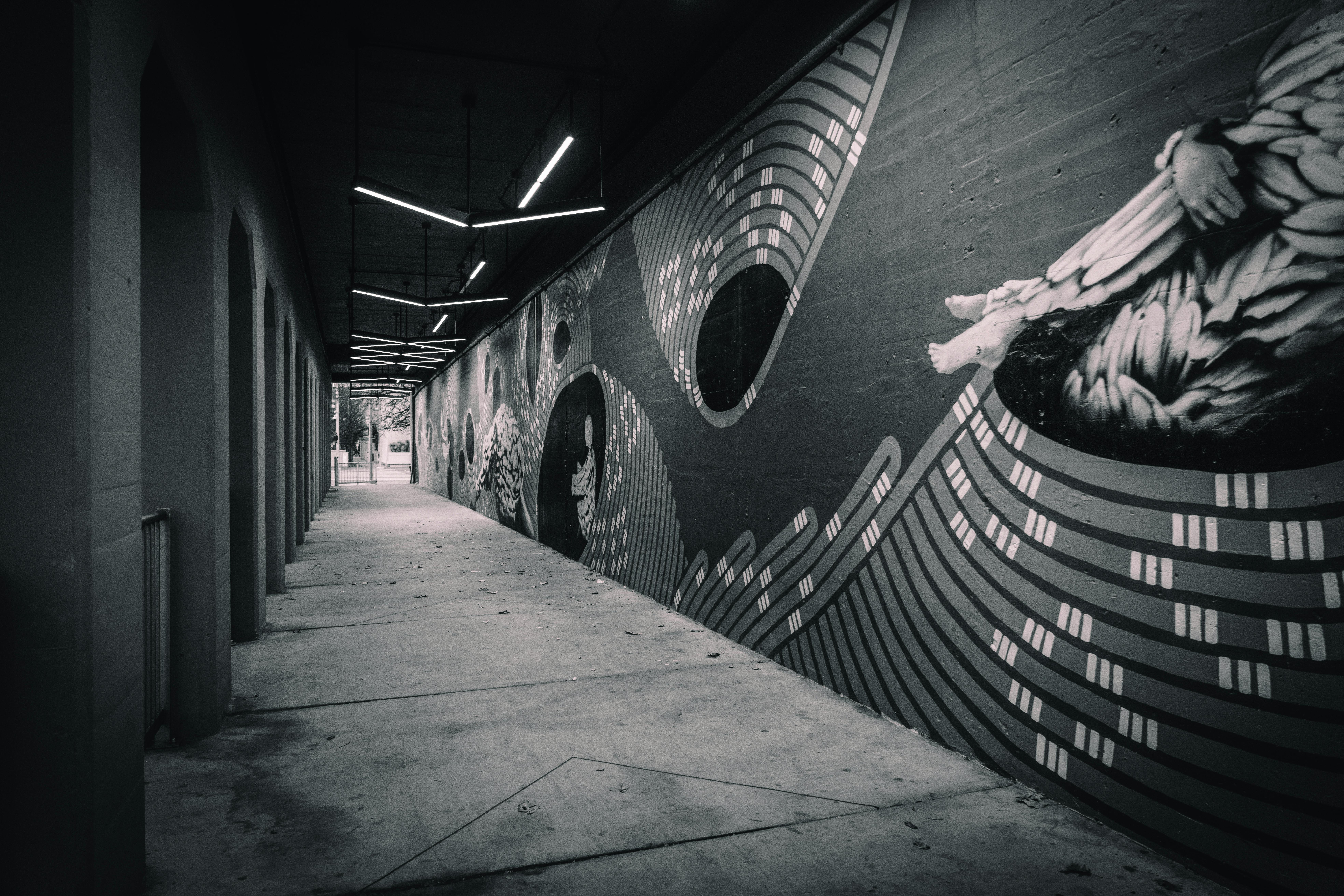 Mural in an Illuminated Corridor · Free Stock Photo