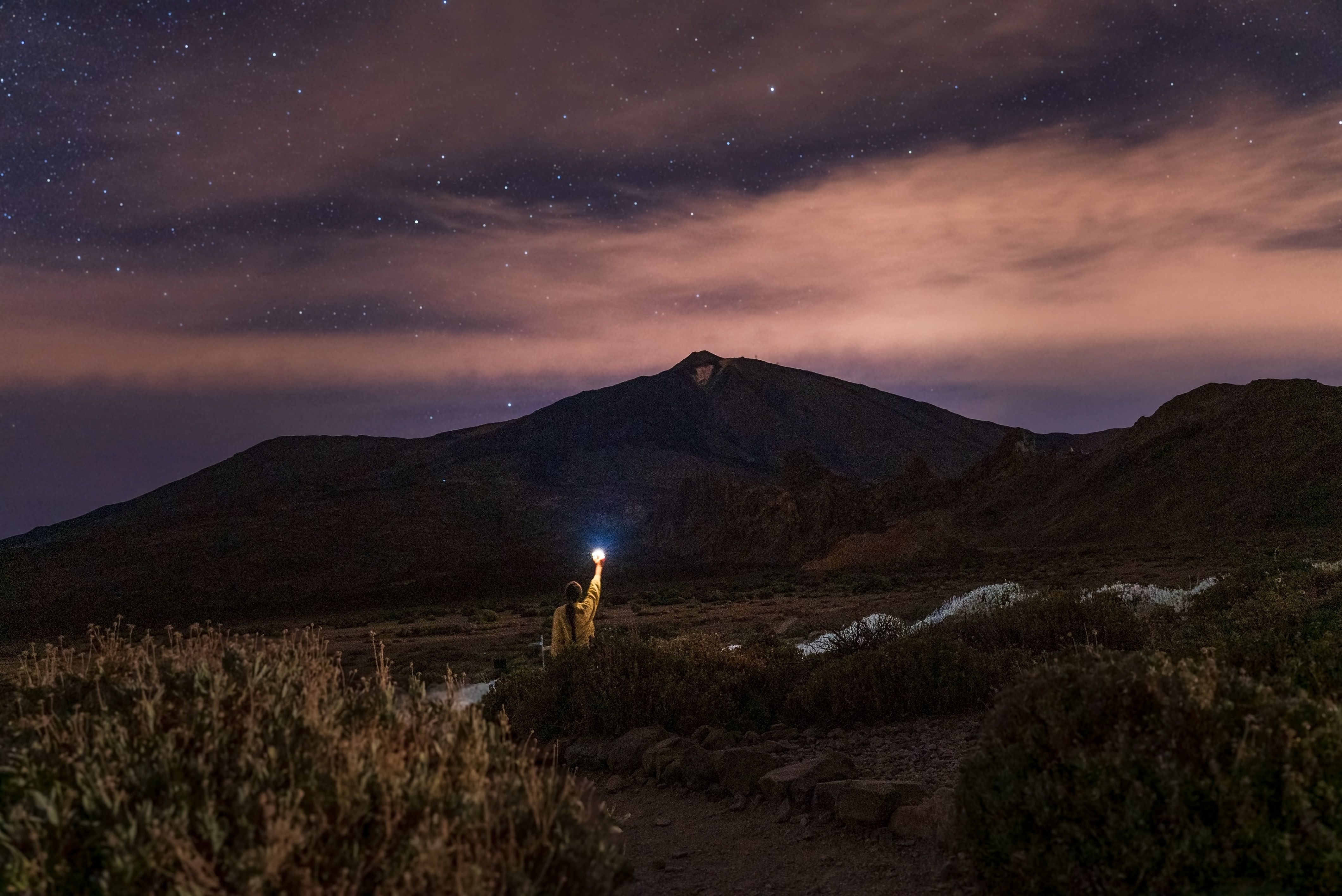 Woman Standing with Flashlight under Stars at Night · Free Stock Photo